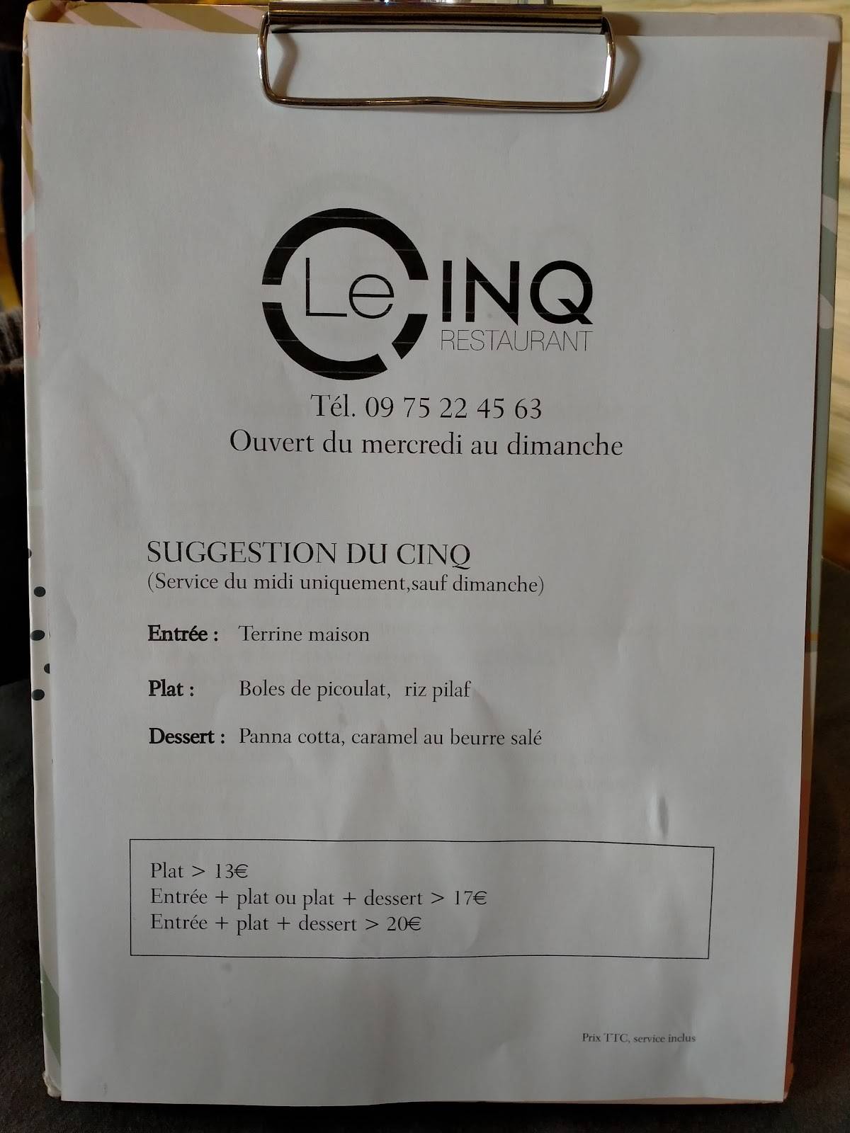 Carta del restaurante Le Cinq, Formiguères