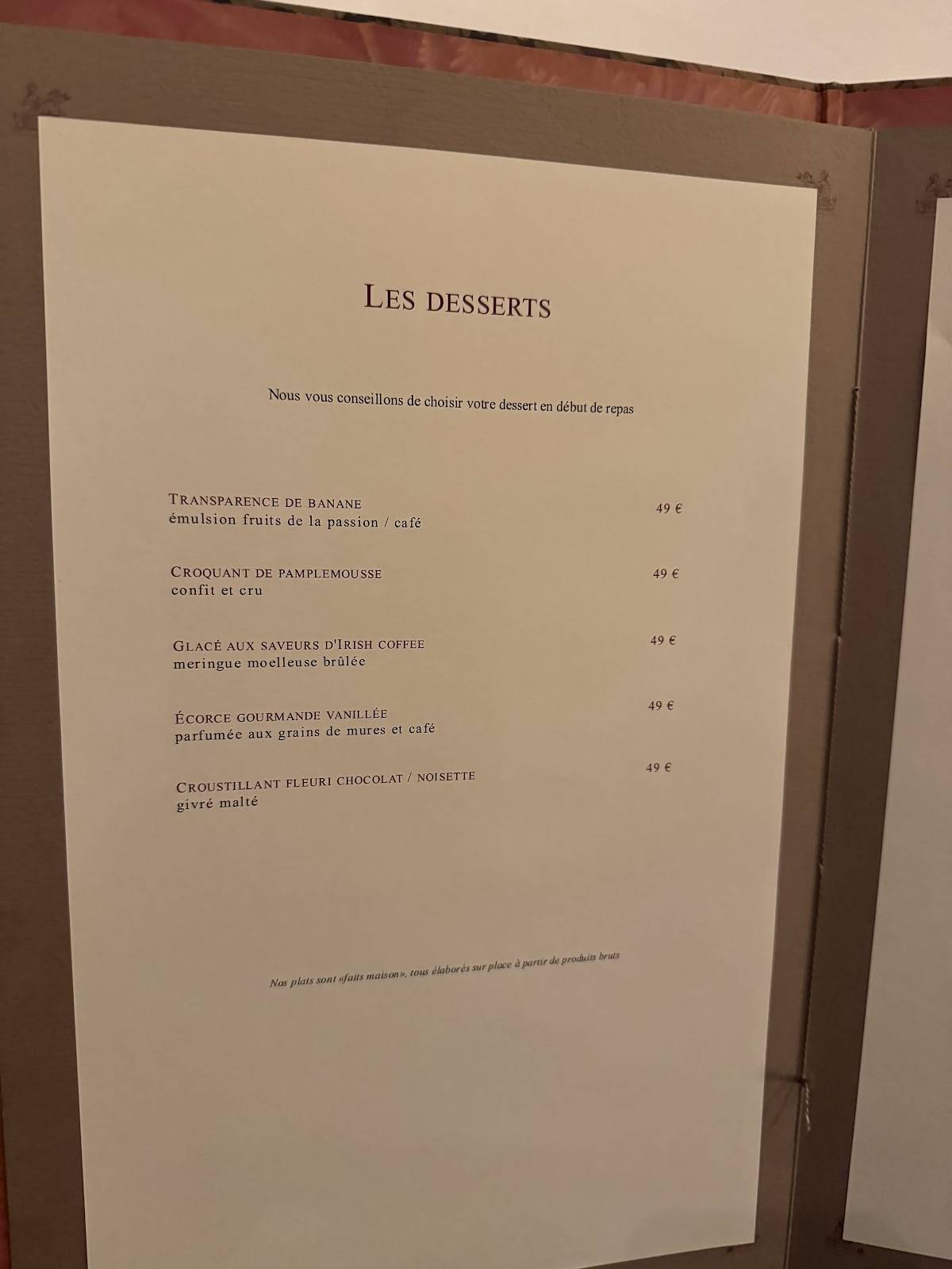 Menu at Le Cinq restaurant, Paris, 31 Av. George V