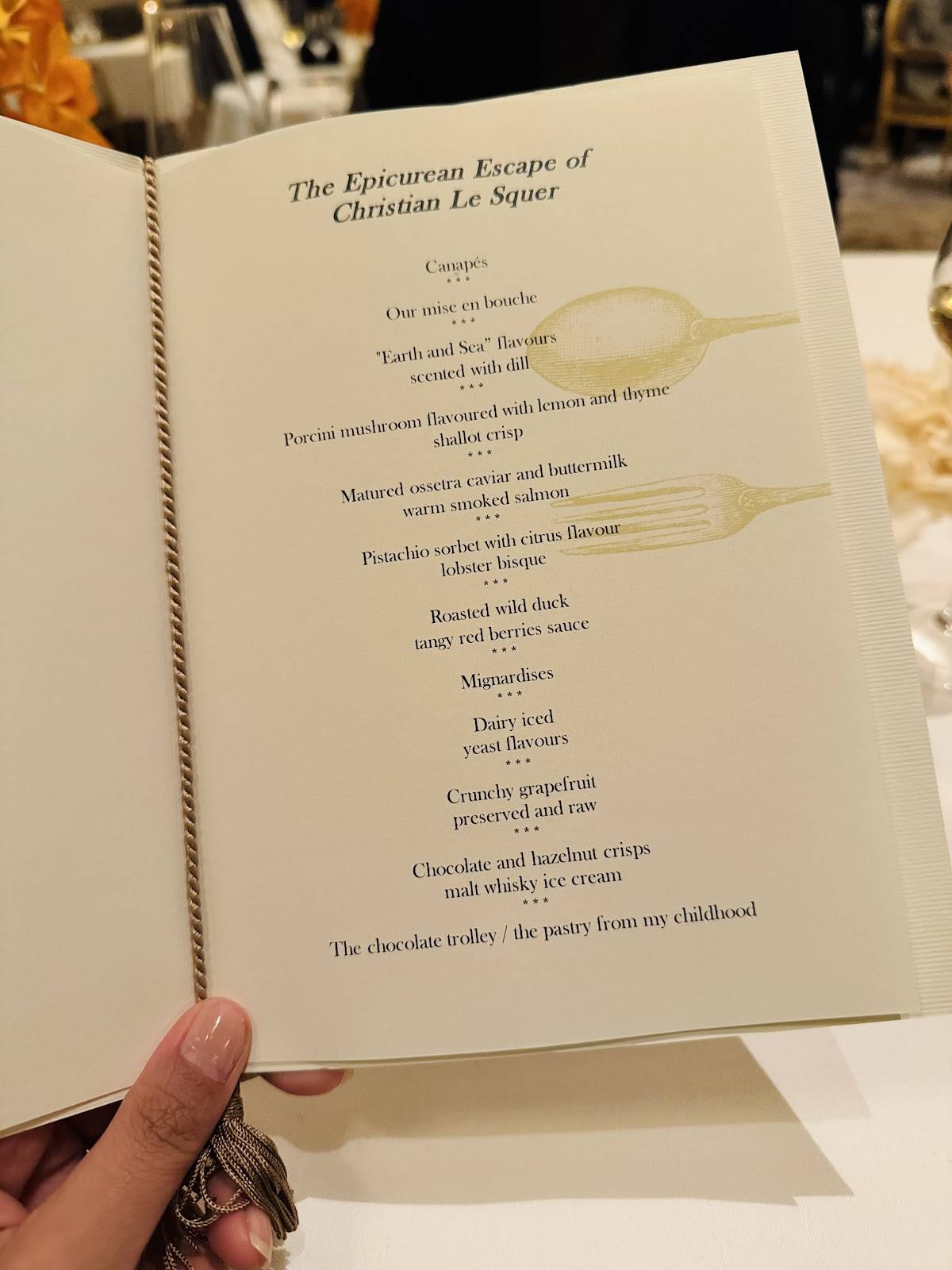 Menu at Le Cinq restaurant, Paris, 31 Av. George V