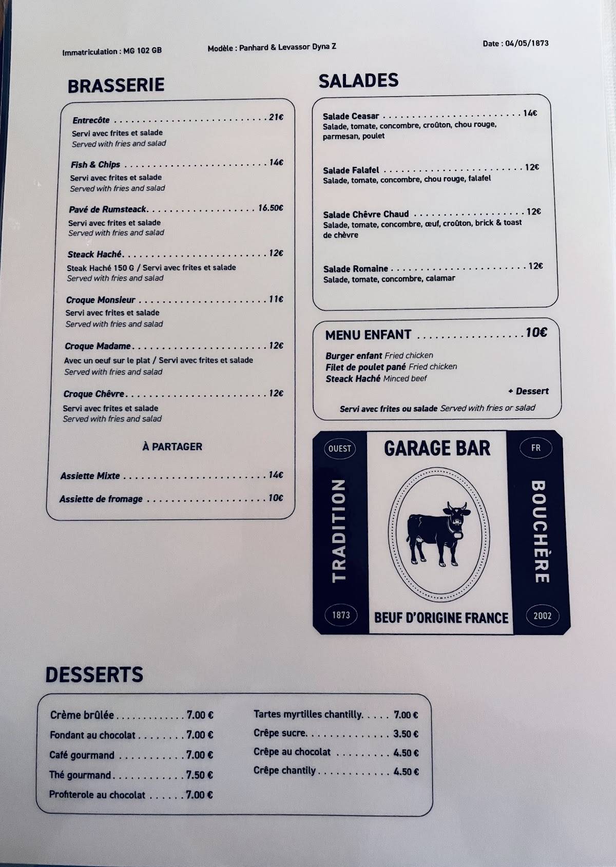 Menu au Le Garage Bar, Cognac