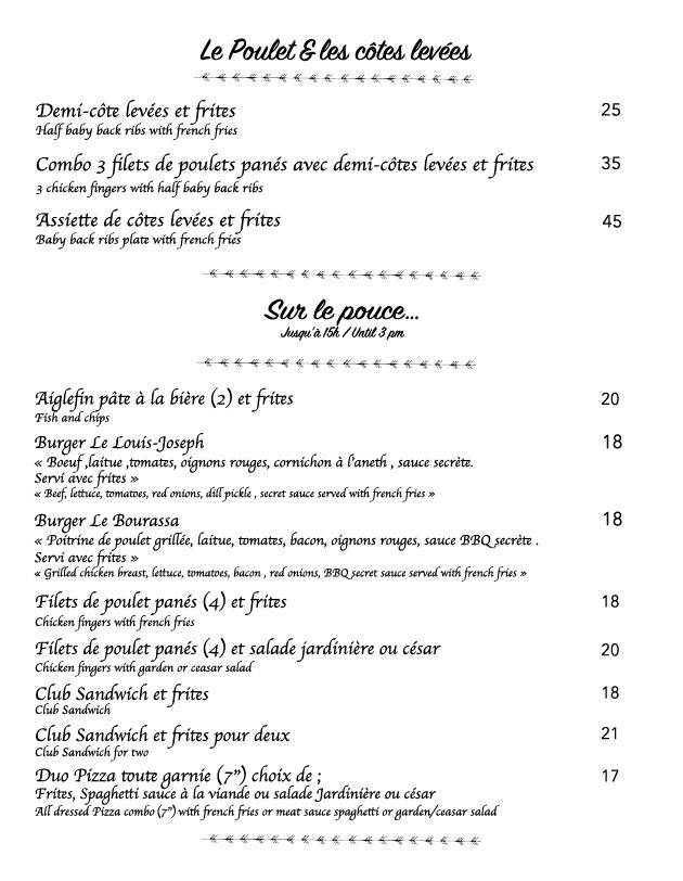 Menu au Le Louis-Joseph restaurant, Papineauville