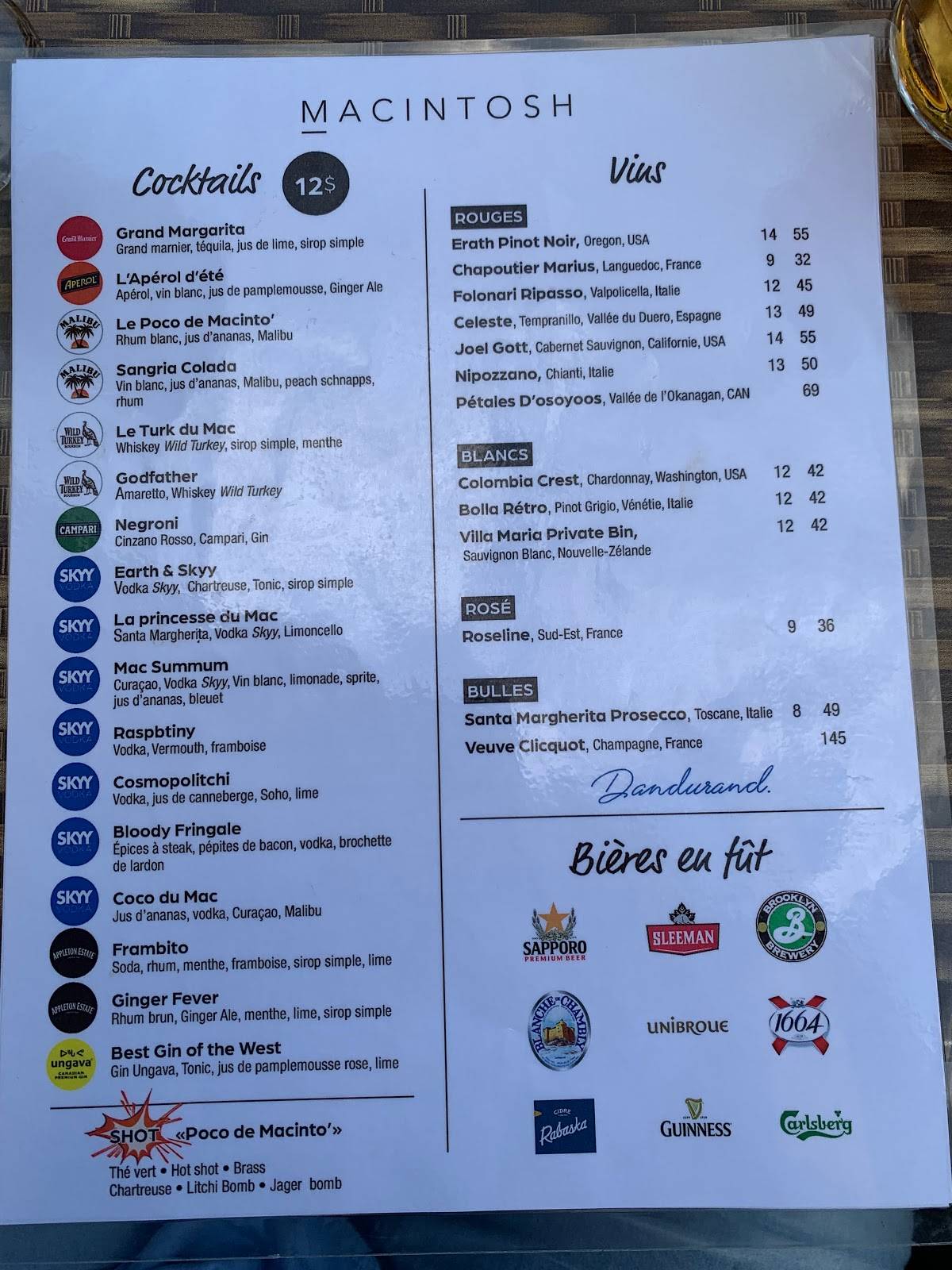 Menu au Le Macintosh Pub Bromont Inc., Bromont