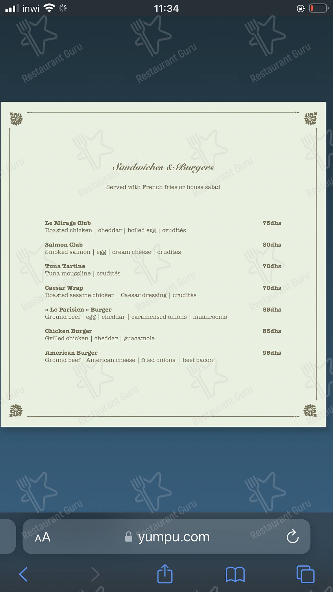 Menu au Le Mirage Restaurant, Tanger