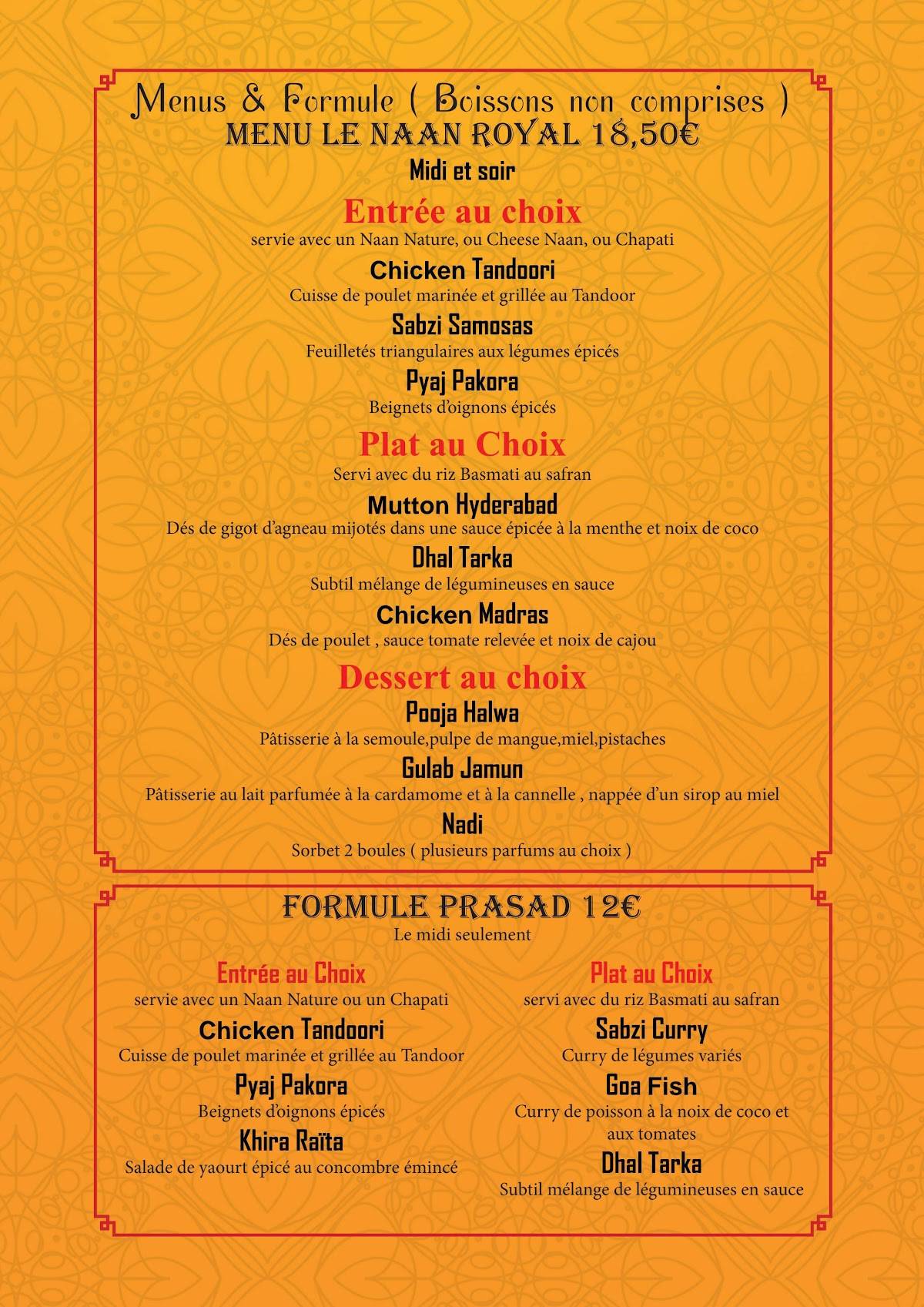 Menu au Le Naan Royal restaurant, Saint-Cyr-l'École