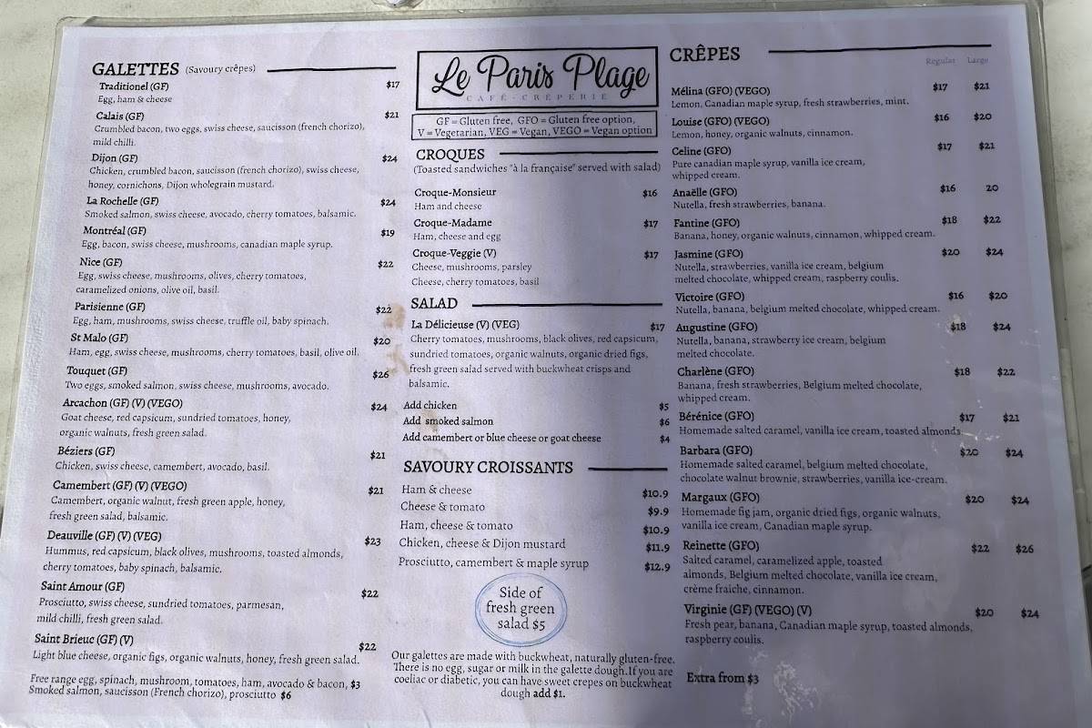 Menu at Le Paris Plage cafe, Glenelg South