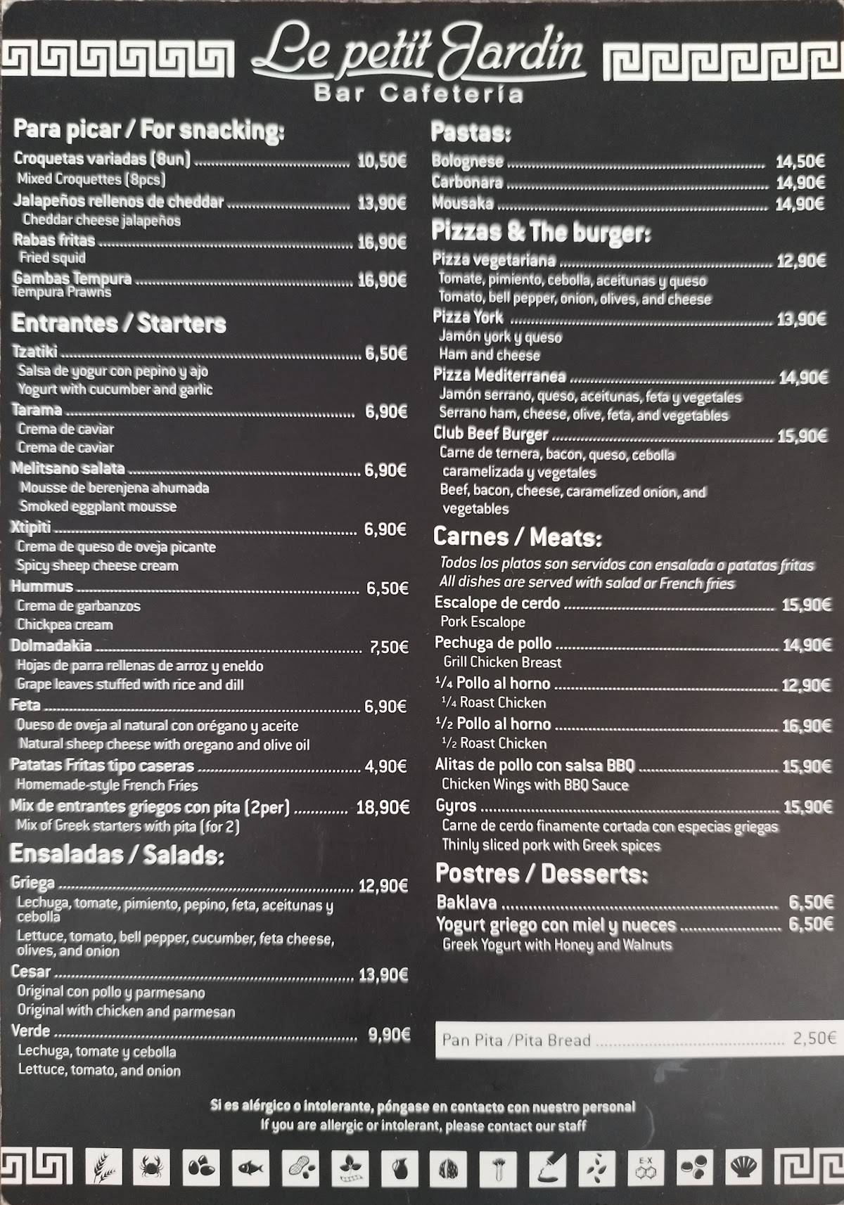 Menu at Le Petit Jardin restaurant, ses Illetes