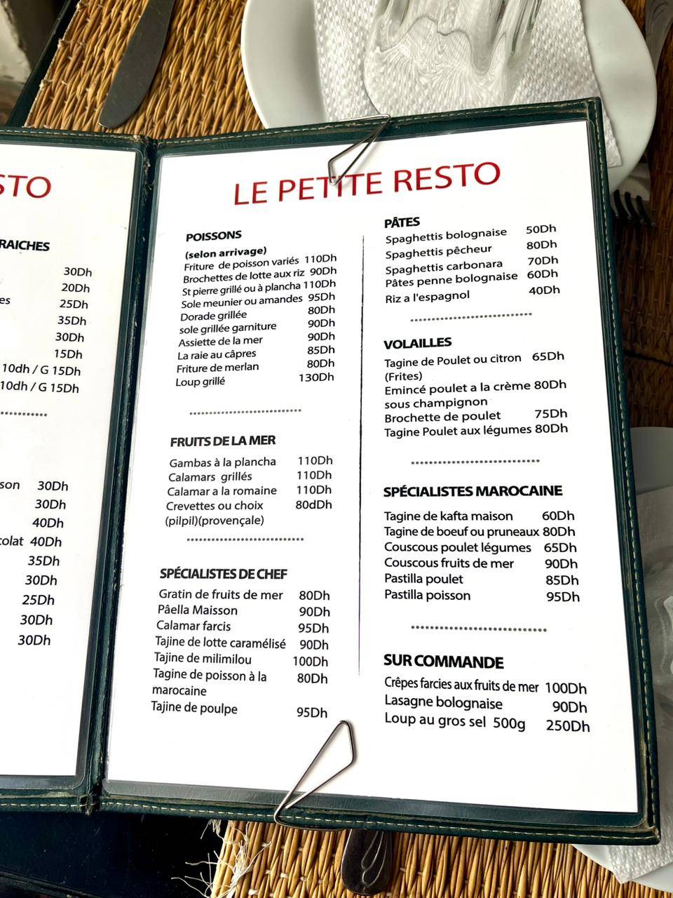Menu at Le Petit Resto Poissons et Herbs restaurant, Essaouira