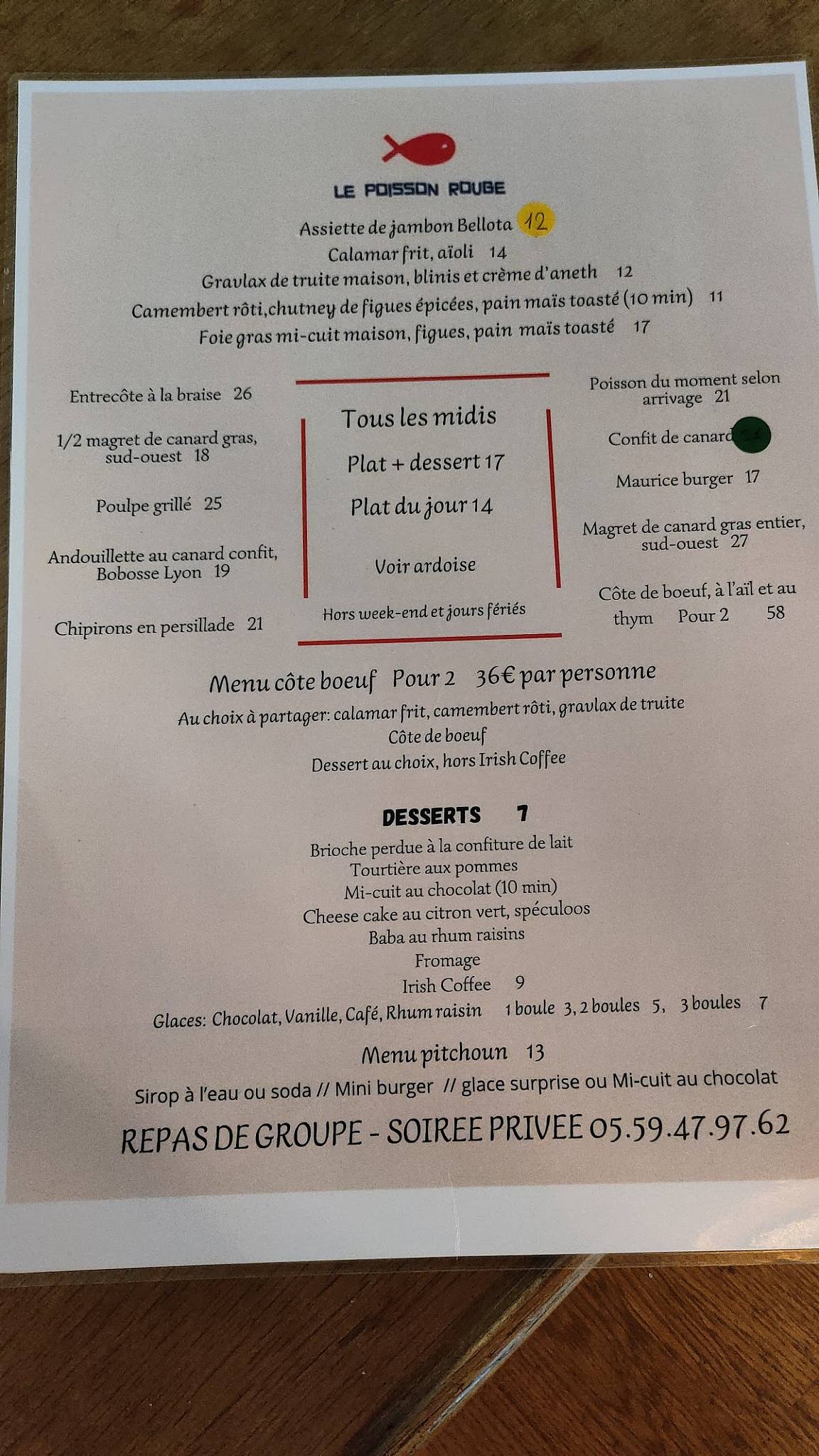 Menu au Le Poisson Rouge restaurant, Bidart