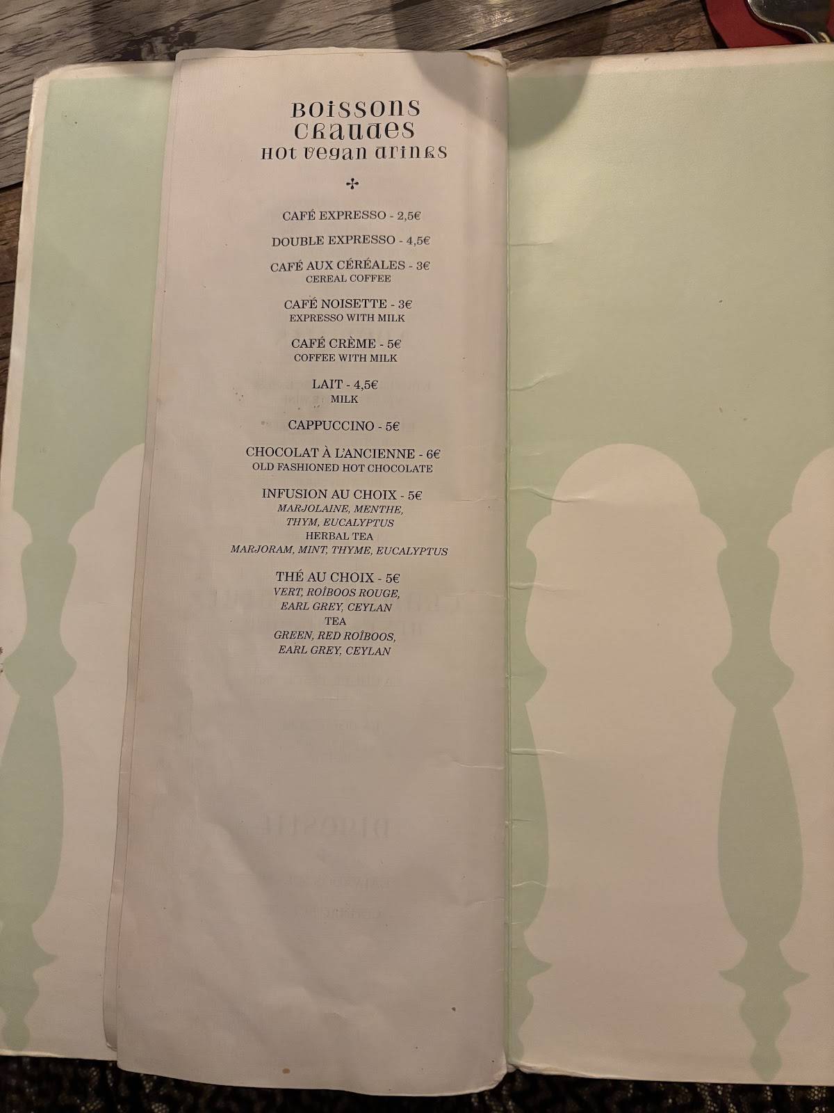 Menu at Le Potager du Marais restaurant, Paris, 26 Rue Saint-Paul