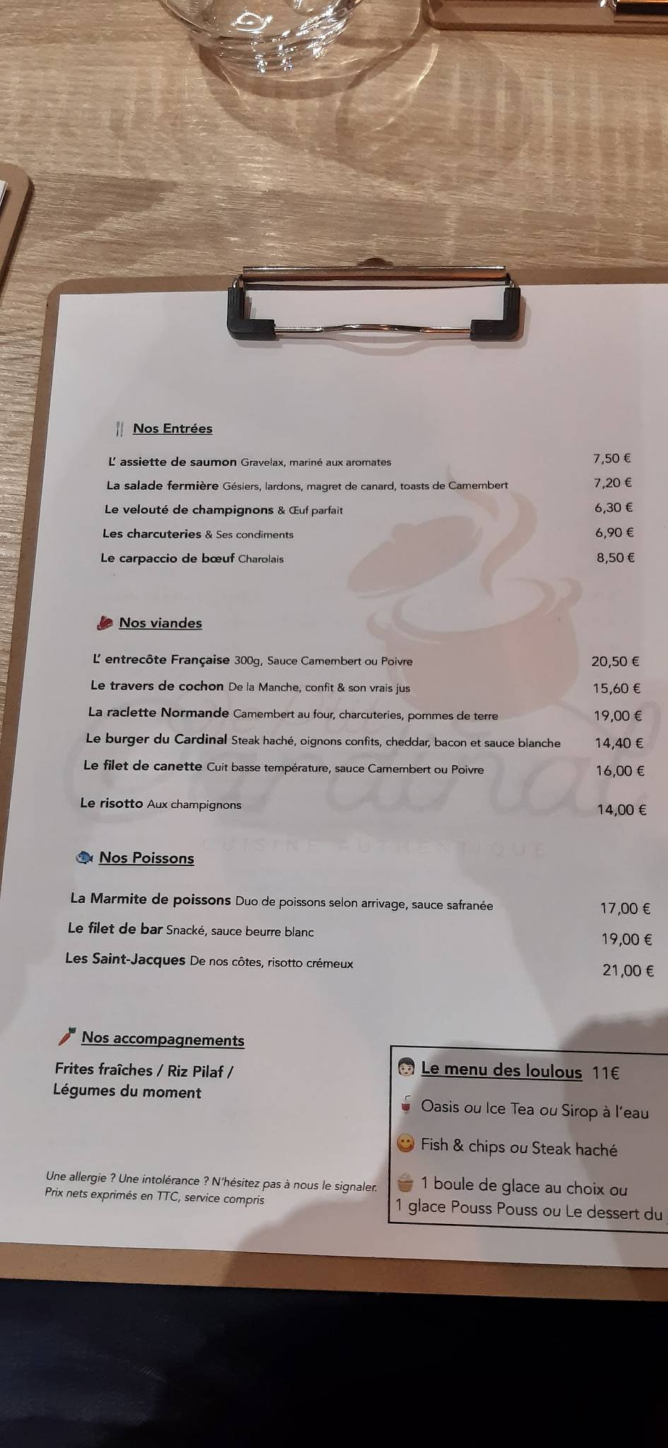 Menu au Le P'tit Cardinal restaurant, Thury-Harcourt, 8 Le Hom
