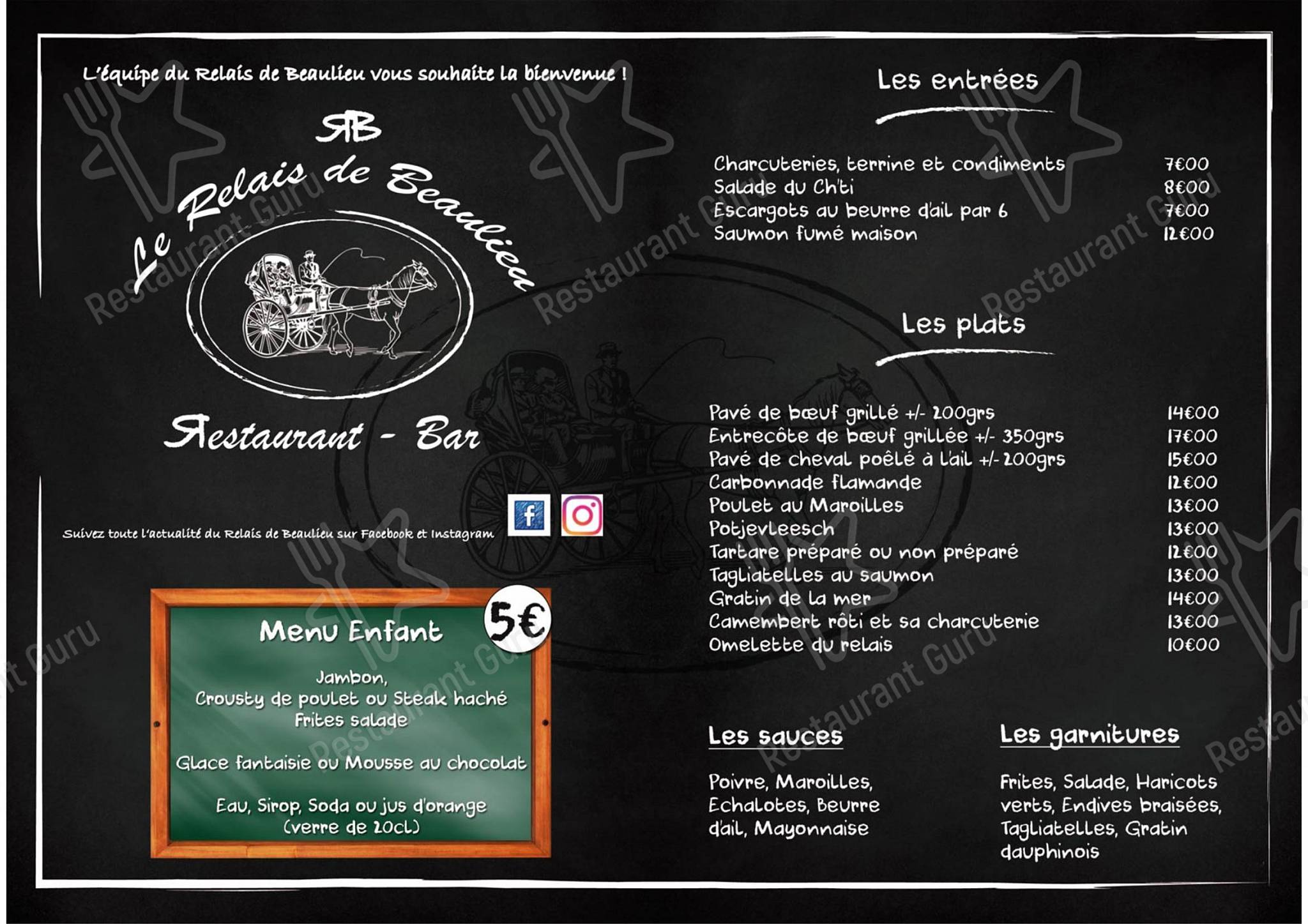 Menu au Le Relais de Beaulieu restaurant, Wattrelos