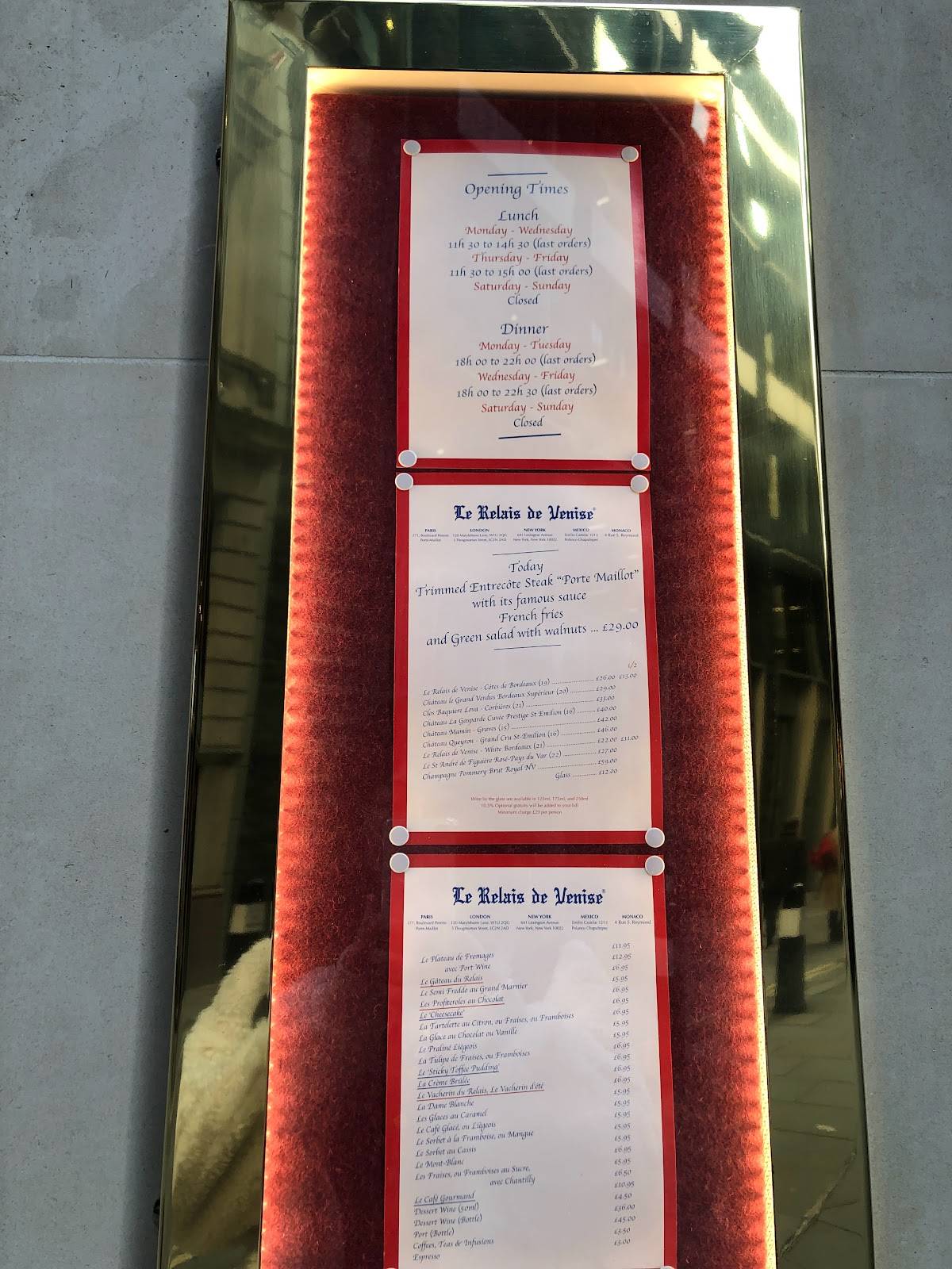 Menu at Le Relais de Venise l'Entrecôte restaurant, London, 5 ...
