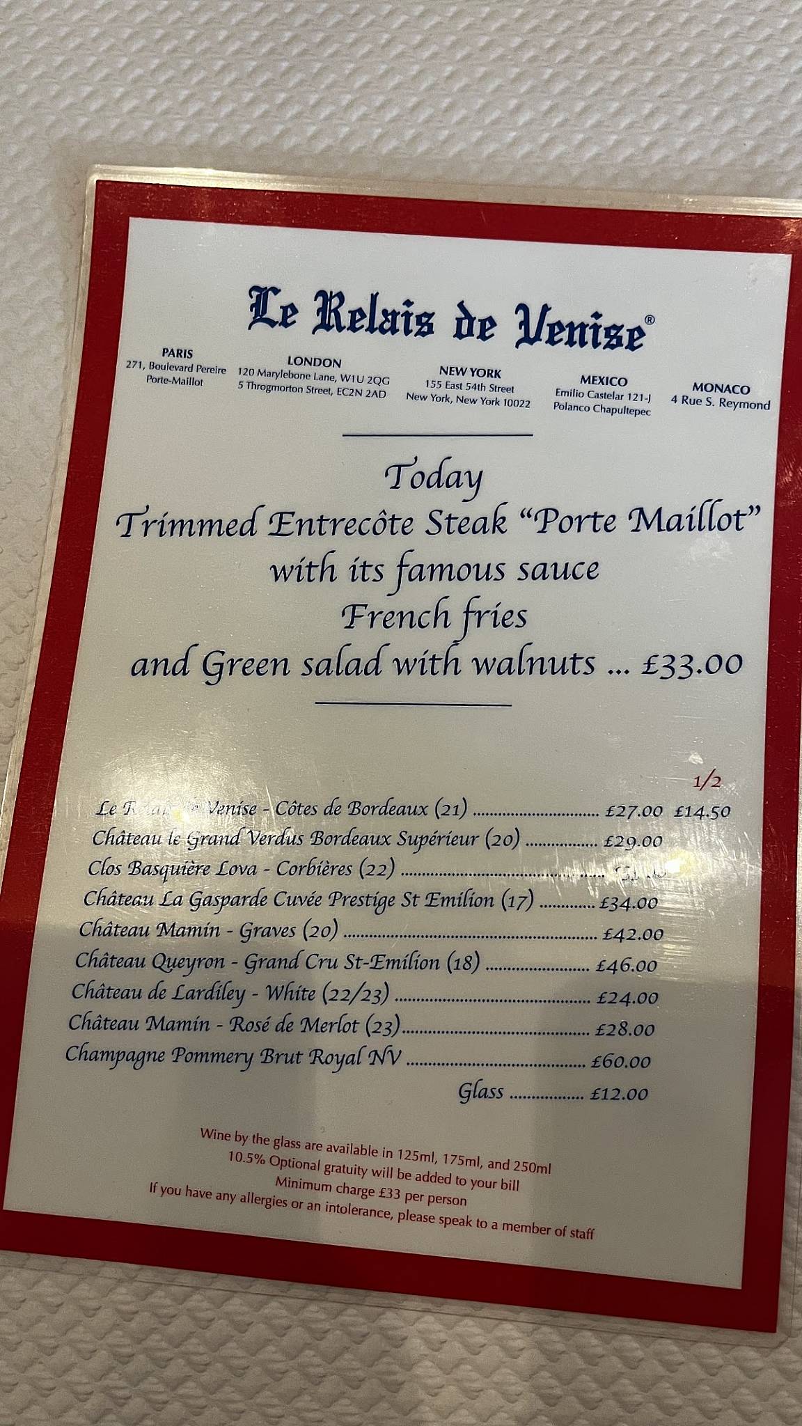 Menu at Le Relais de Venise l'Entrecôte restaurant, London, 5 ...