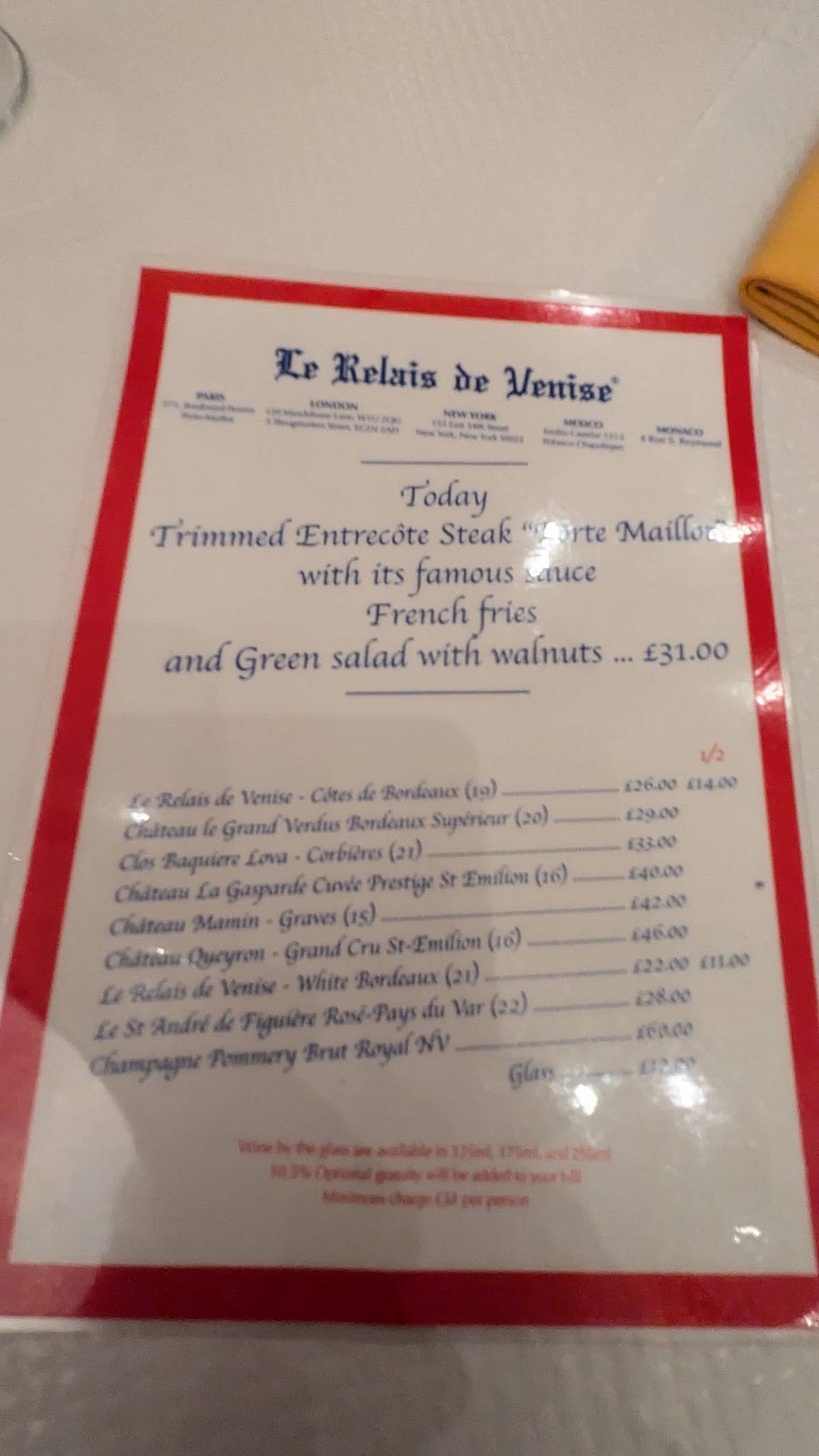 Menu at Le Relais de Venise l'Entrecôte restaurant, London, 5 ...
