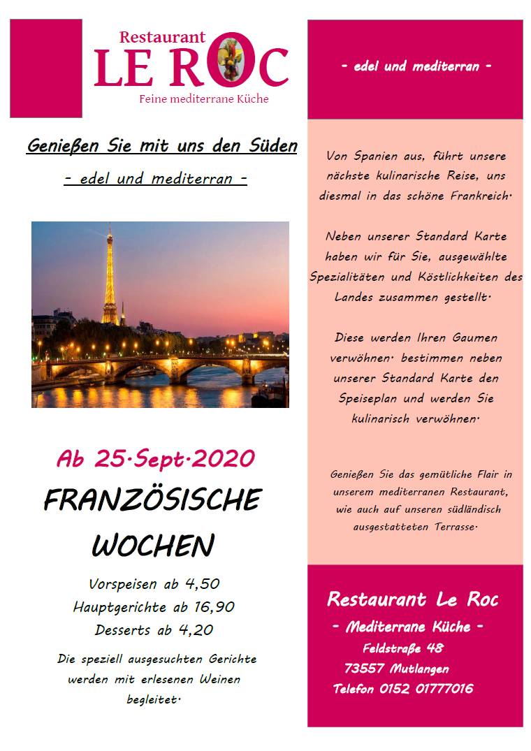 Speisekarte von Restaurant Le Roc Mediterrane Küche, Mutlangen
