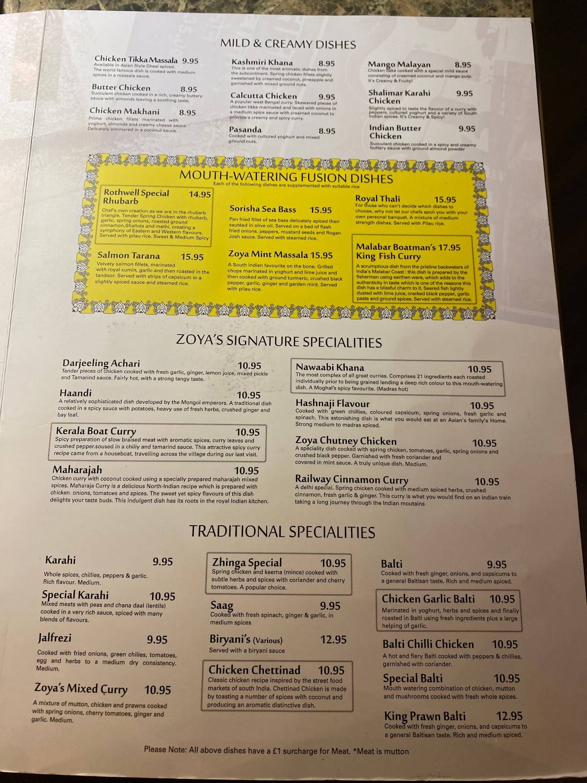 Menu at Zoya Oulton restaurant, Leeds, 76 Aberford Rd