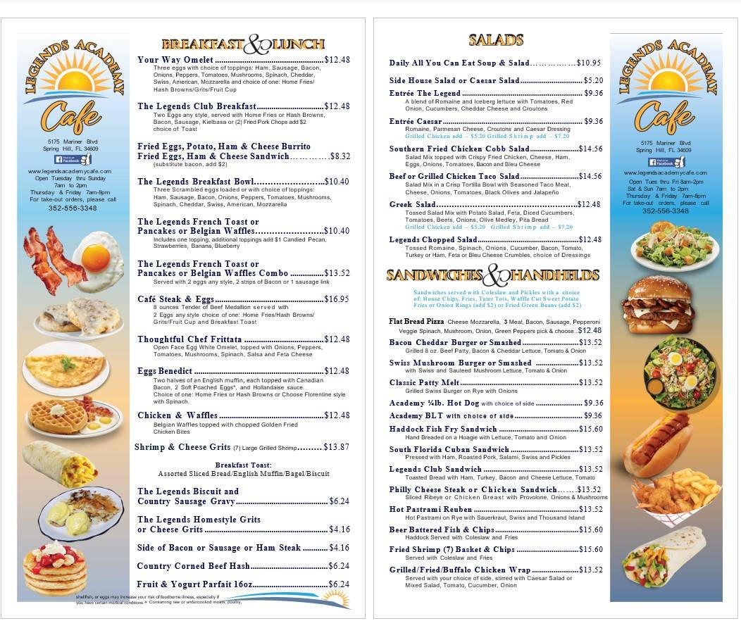 Menu at Legends Academy Cafe, Spring Hill