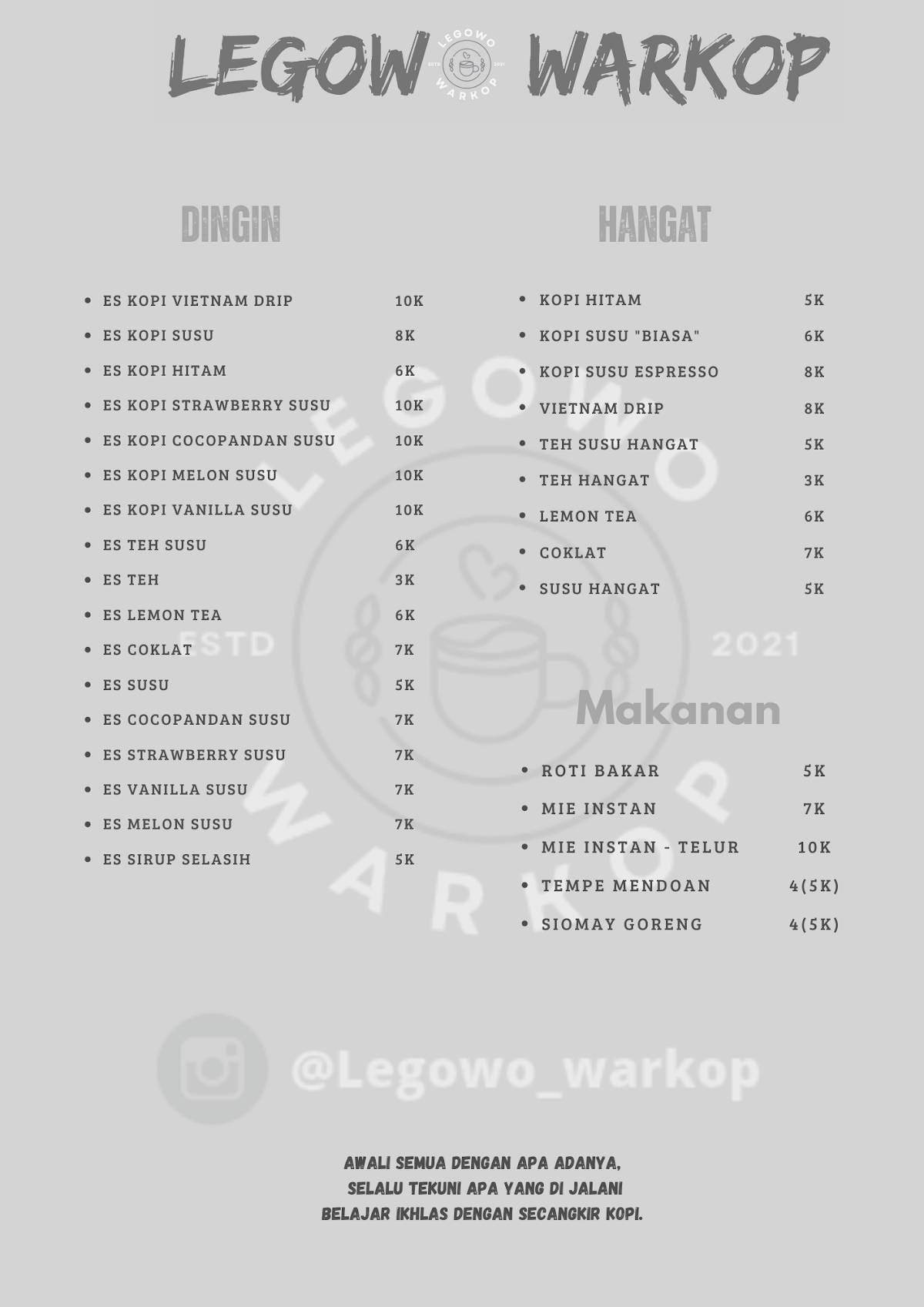 Menu at Legowo Warkop, Loa Janan Ulu