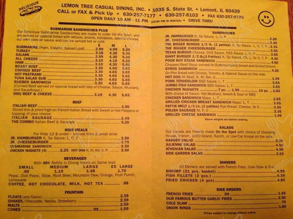 Menu at Lemon Tree Casual Dining restaurant, Lemont, State St