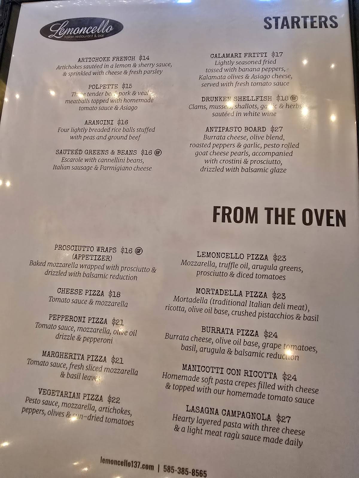 Menu at Lemoncello Italian Restaurant & Bar, East Rochester