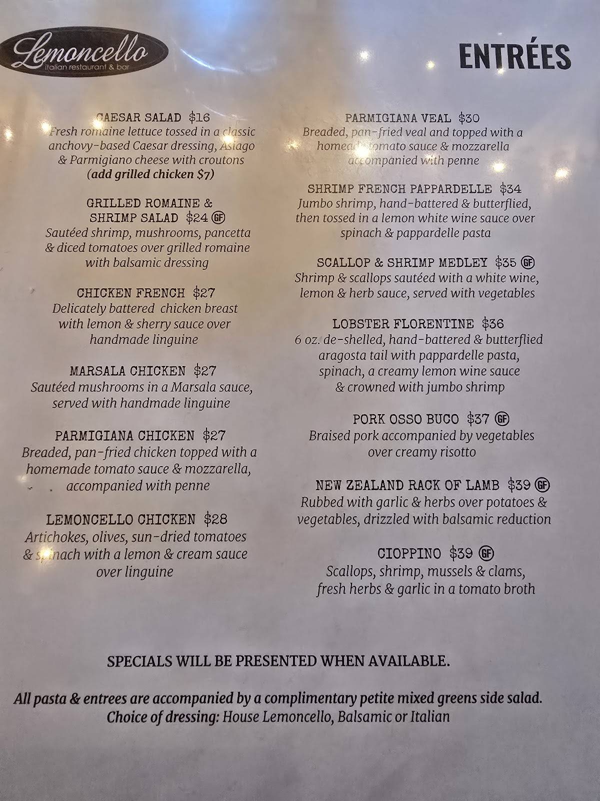 Menu at Lemoncello Italian Restaurant & Bar, East Rochester