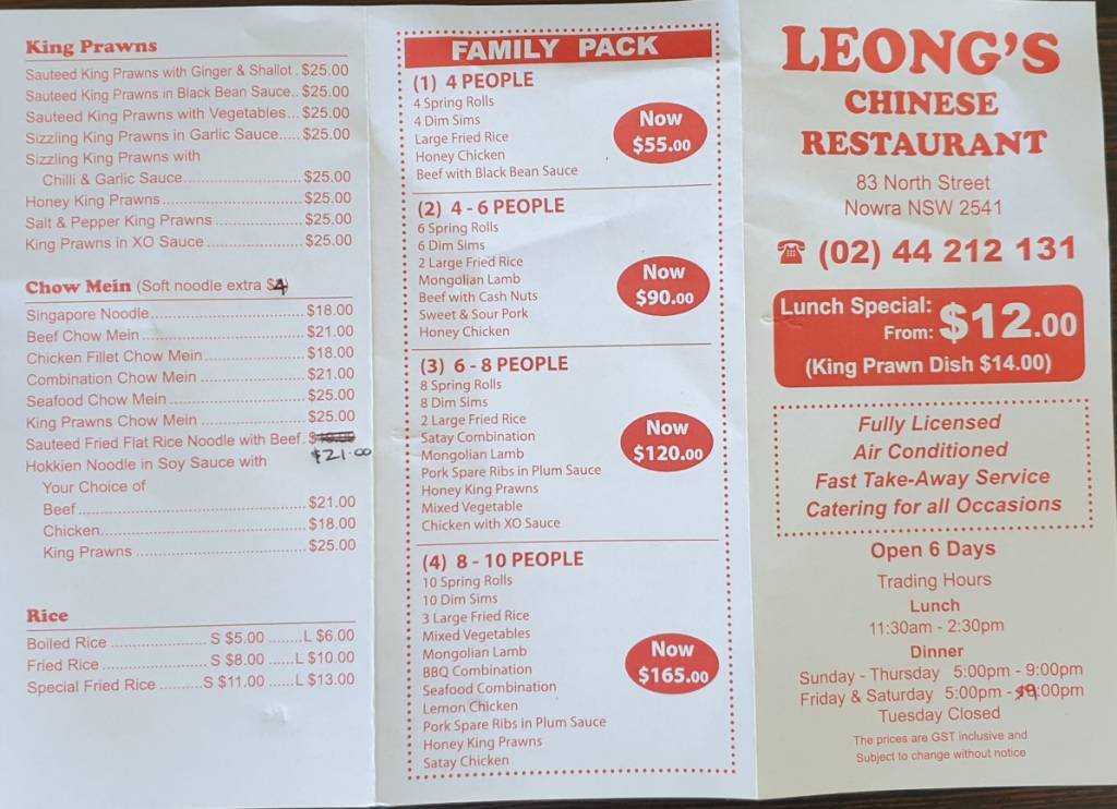 Menu at Leong's Chinese Restaurant, Nowra