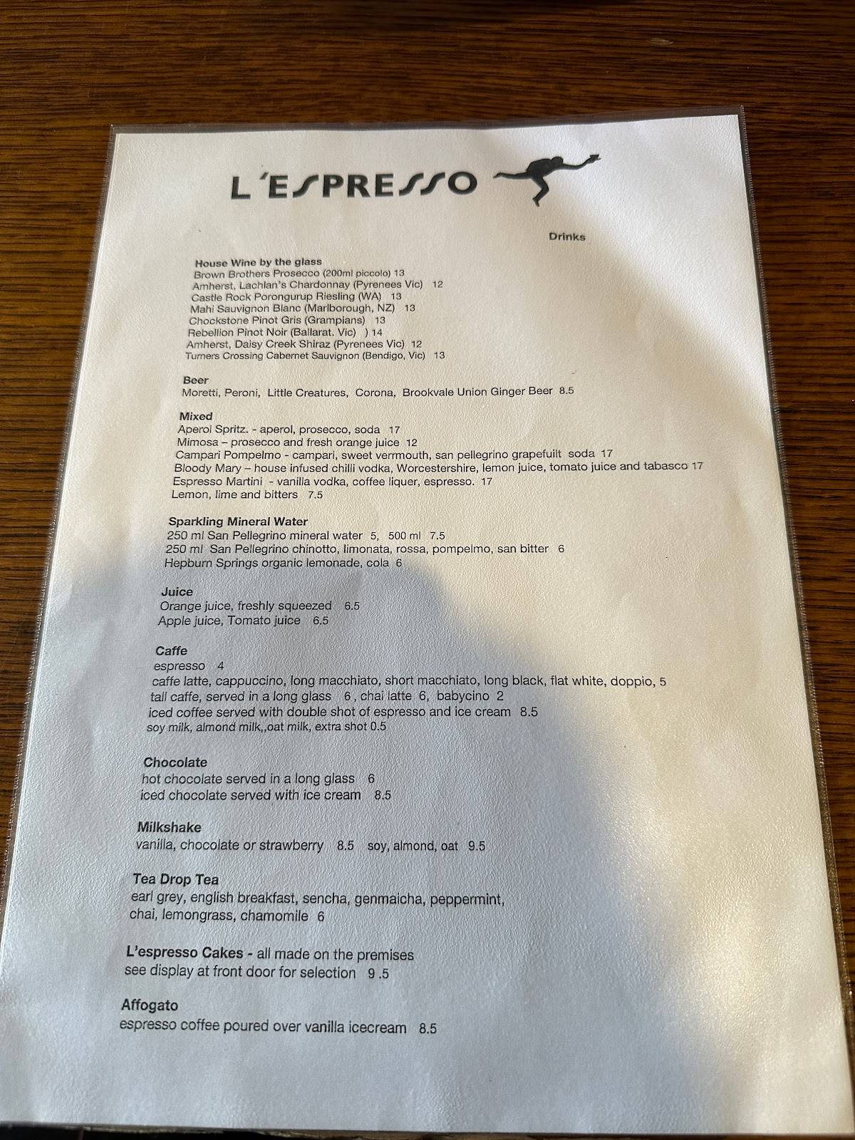 Menu at L'espresso cafe, Ballarat Central