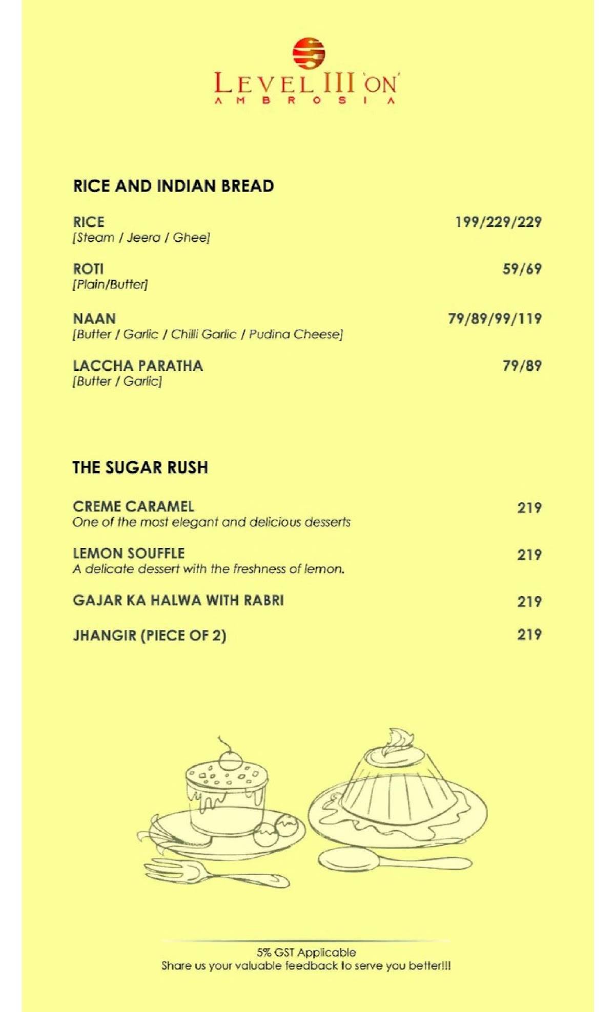 Menu at Level III 'ON' Ambrosia, Dibrugarh