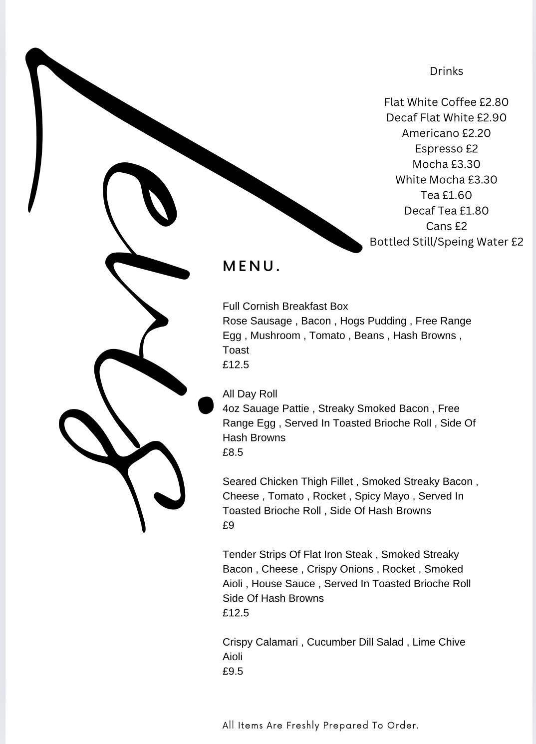 Menu at Levi’s Kitchen, Perranzabuloe