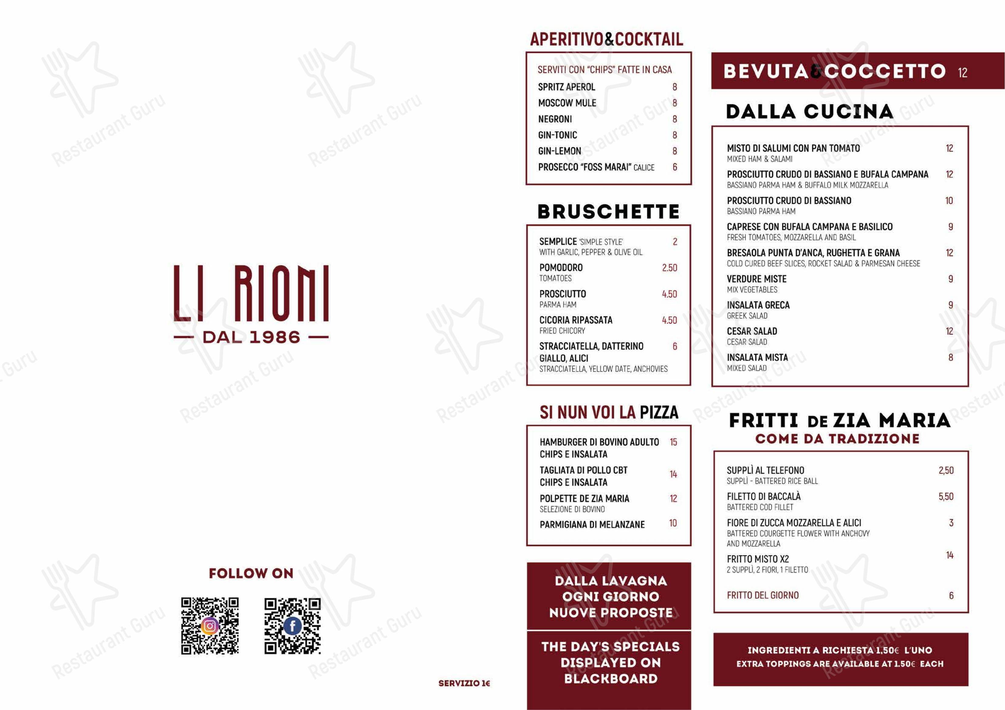 Menu at Li Rioni a Santiquattro pizzeria, Rome, Via dei SS. Quattro