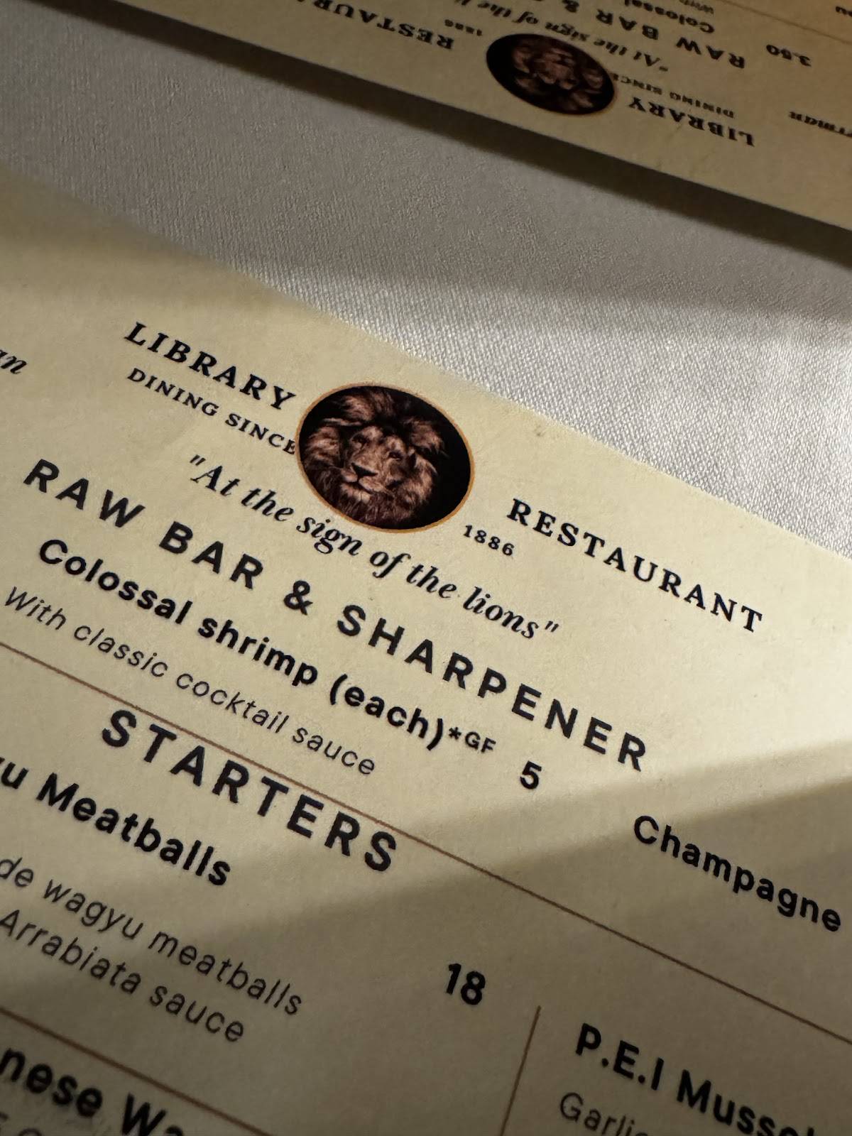 Menu at Library Restaurant, Portsmouth