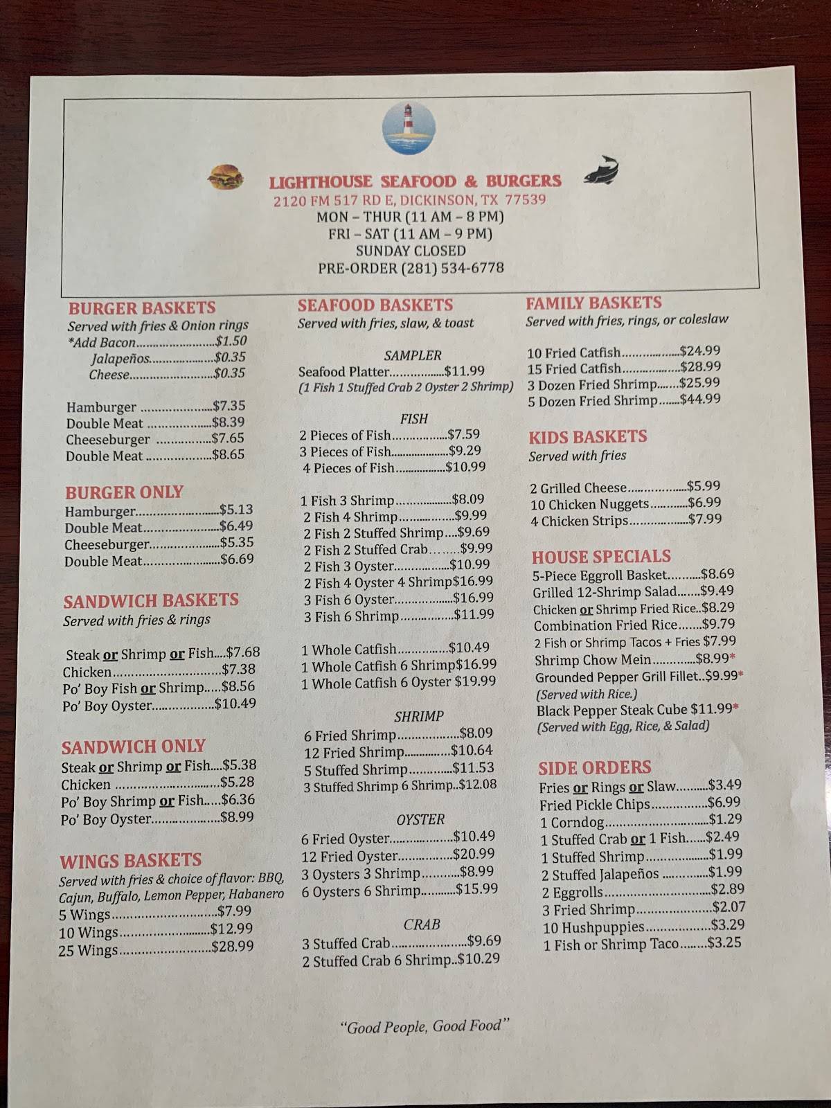 Menu at Lighthouse Seafood Restaurant, Dickinson, FM 517 Rd E