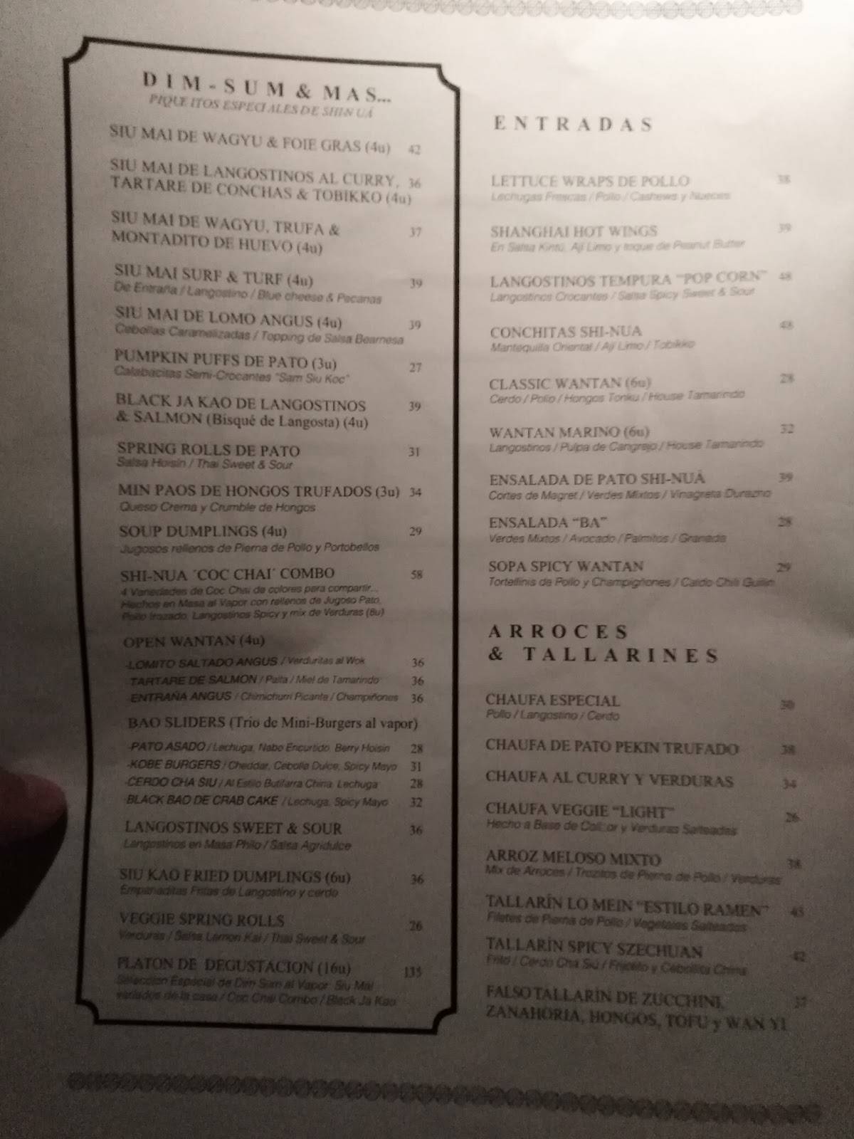 Carta del restaurante Shi-Nua, Lima