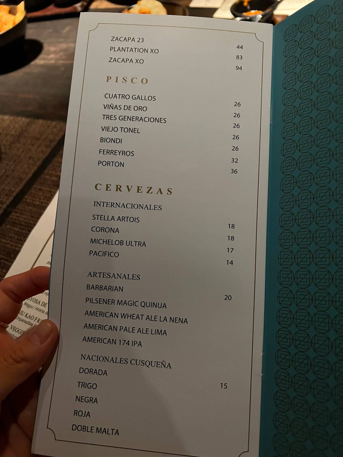 Carta del restaurante Shi-Nua, Lima