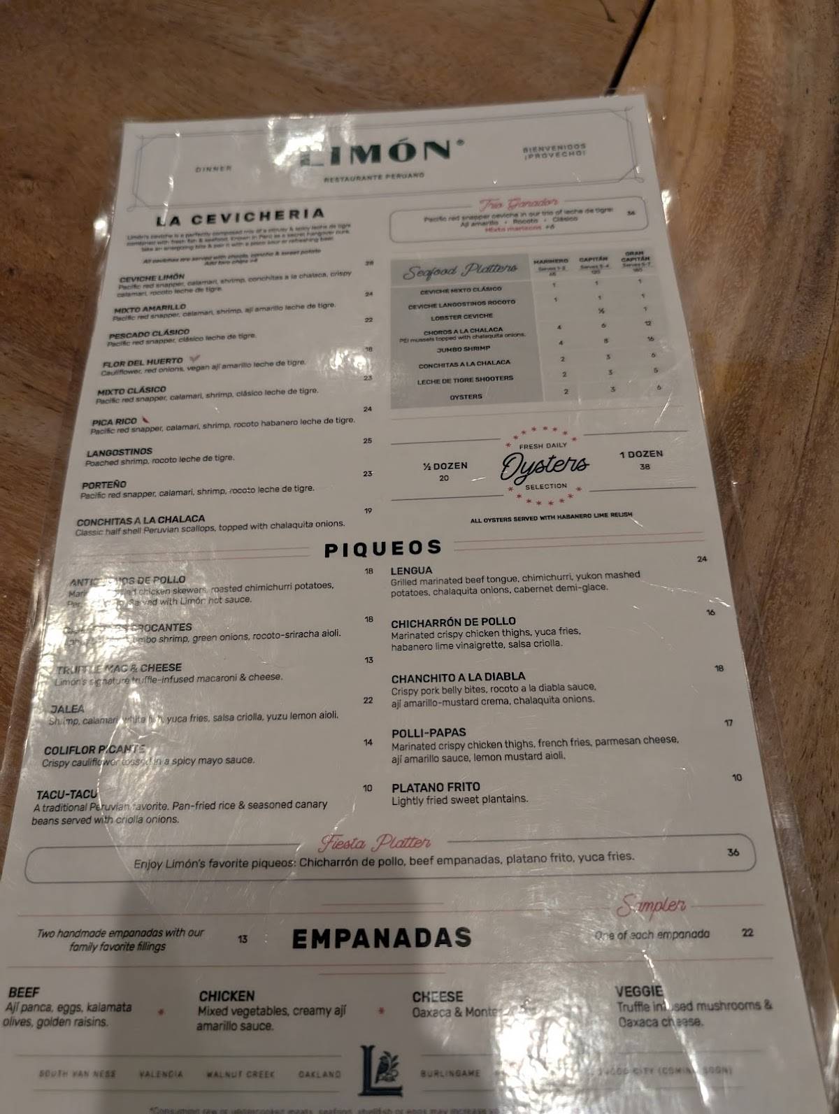 Menu at Limón restaurant, Walnut Creek