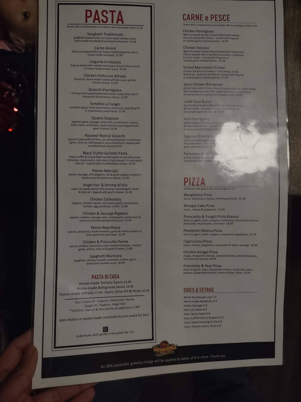 Menu at Lina Linguini's Pasta & Grille restaurant, St. Catharines