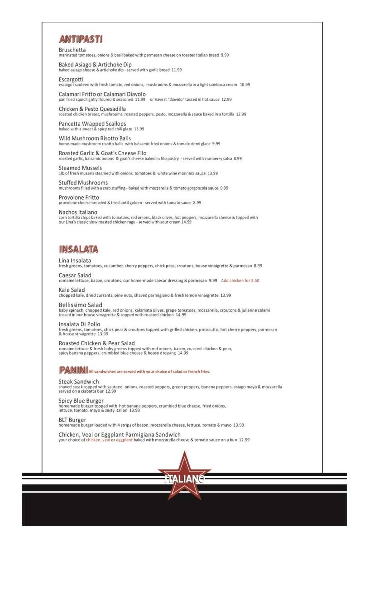 Menu at Lina Linguini's Pasta & Grille restaurant, St. Catharines