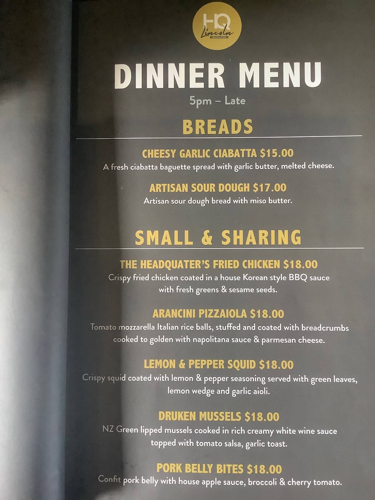 Menu at Lincoln HQ pub & bar, Lincoln