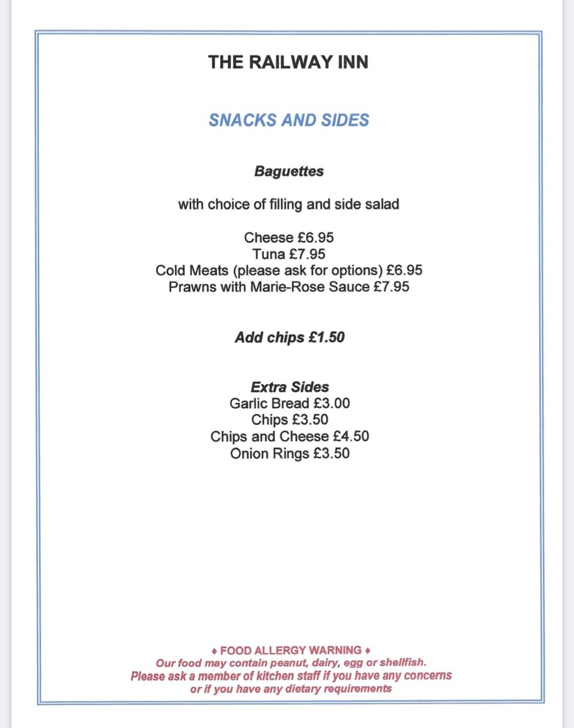 Menu at The Railway Inn pub & bar, Lincoln, Station Rd