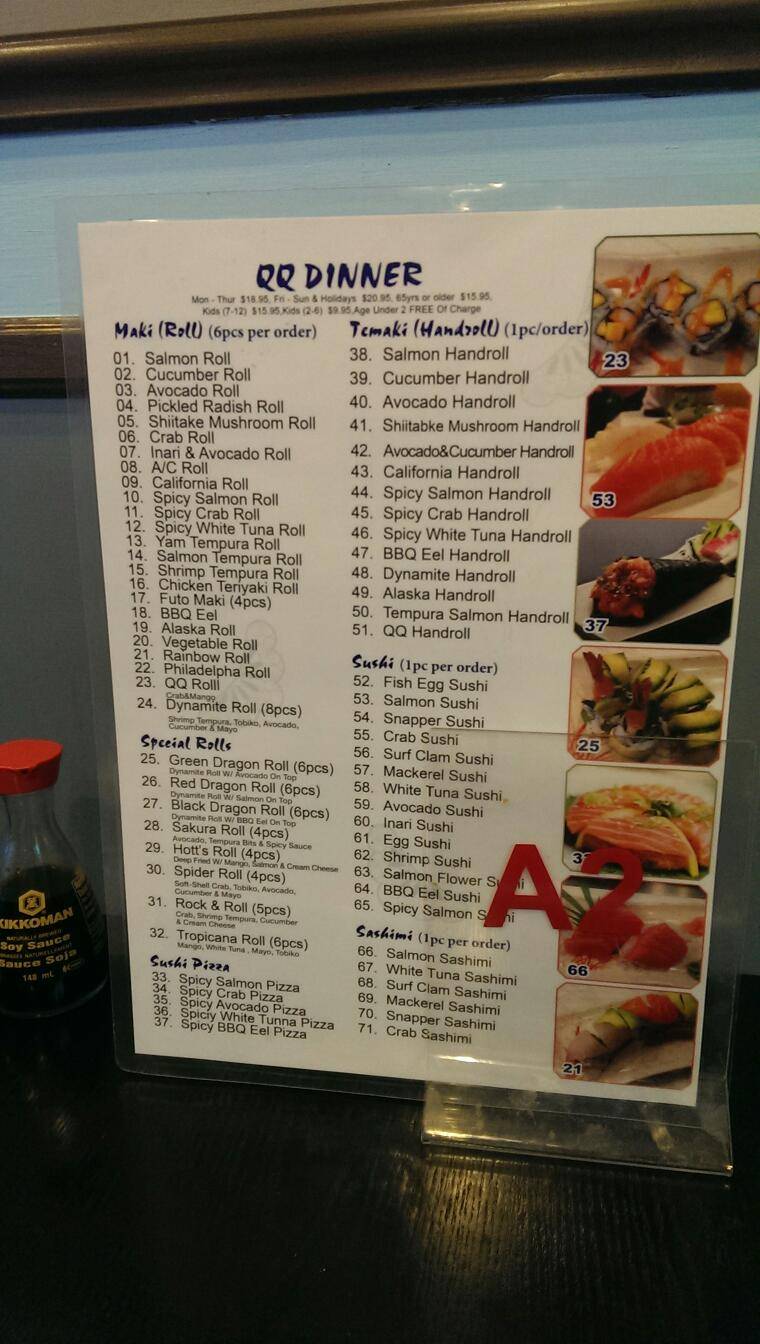 Menu at QQ Sushi restaurant, Lindsay
