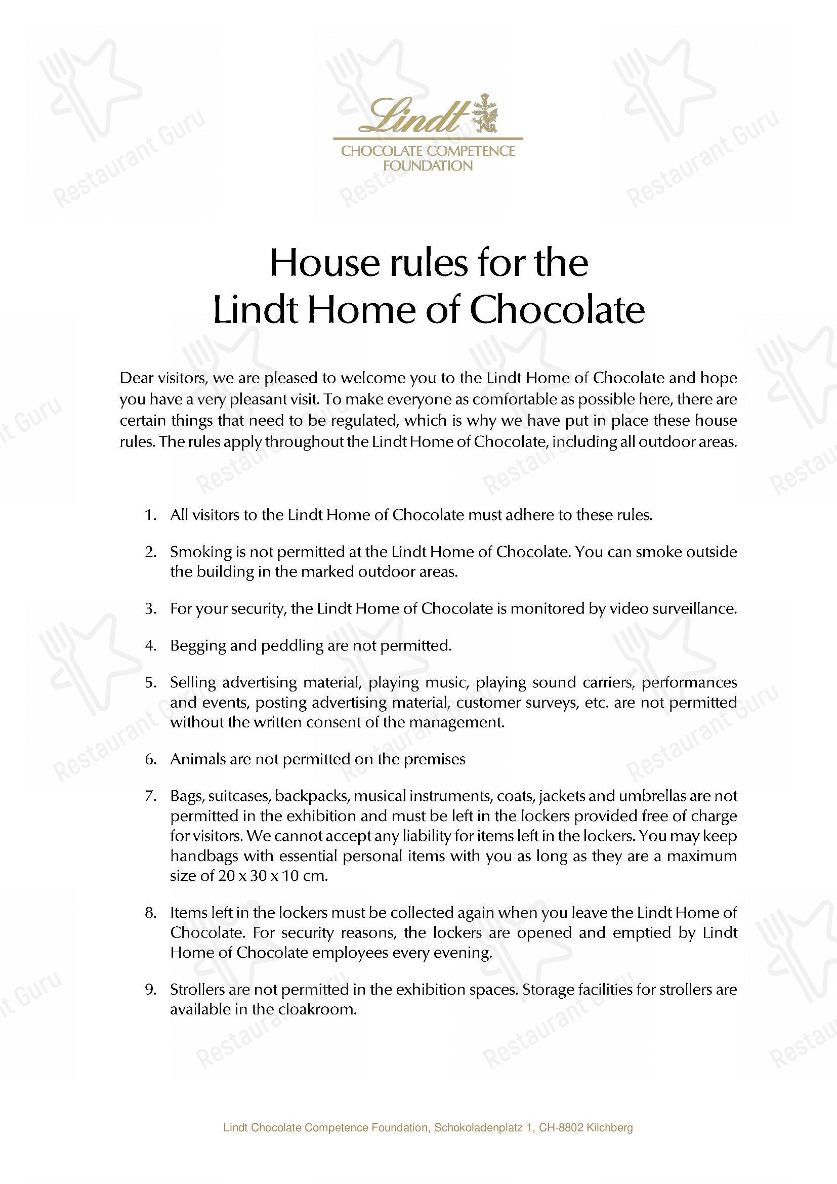 Menu at Lindt Home of Chocolate Cafe, Kilchberg