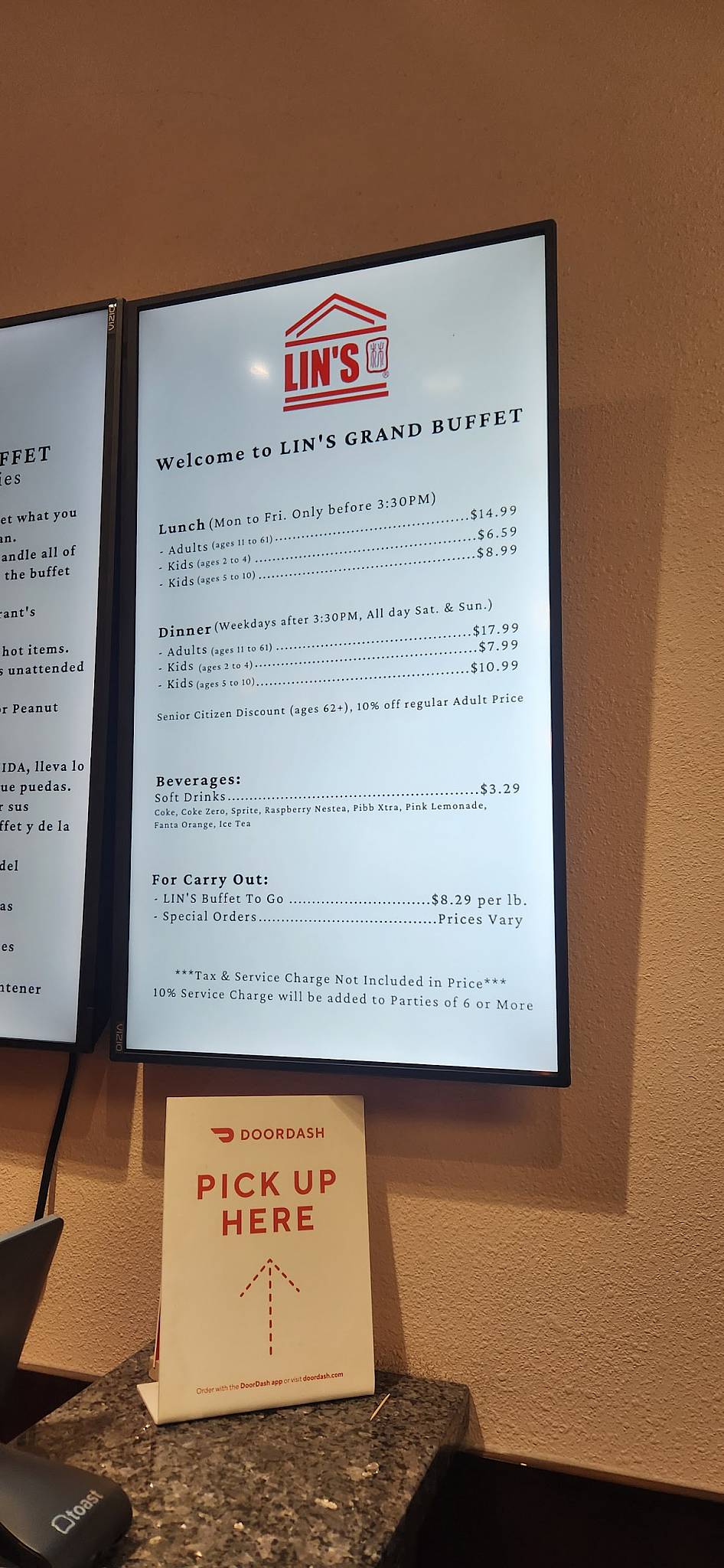 Menu at Lin's Grand Buffet restaurant, Mesa