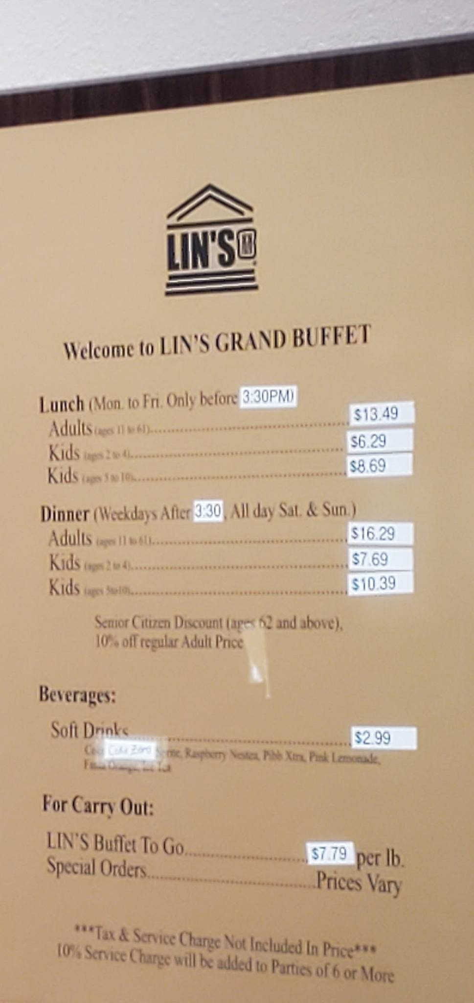 Menu at Lin's Grand Buffet restaurant, Mesa