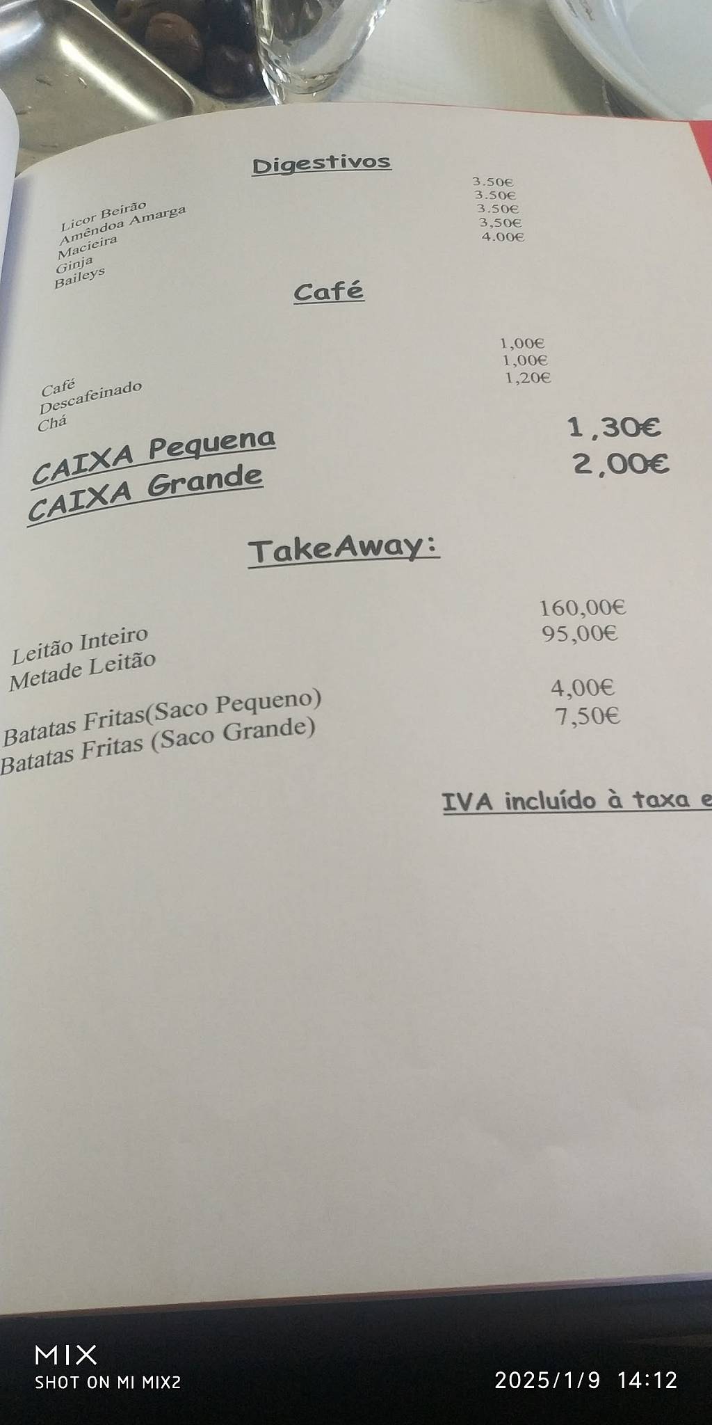 Menu at Bota Feijão restaurant, Lisbon
