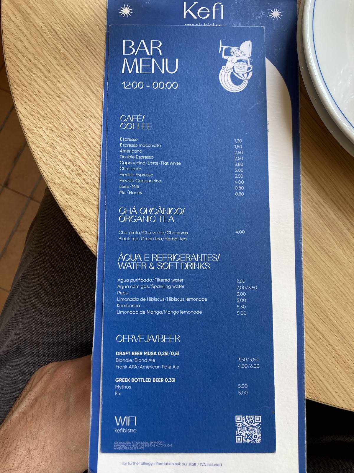 Menu at Kefi Greek Bistro restaurant, Lisbon