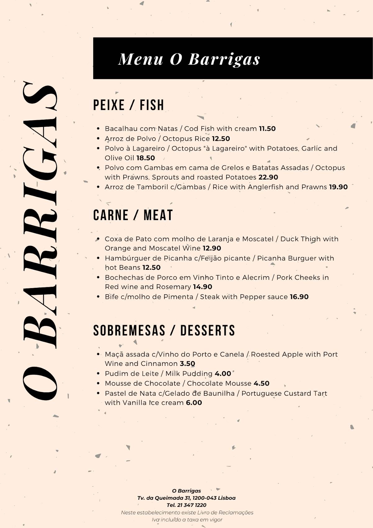 Menu at O Barrigas, Lisbon