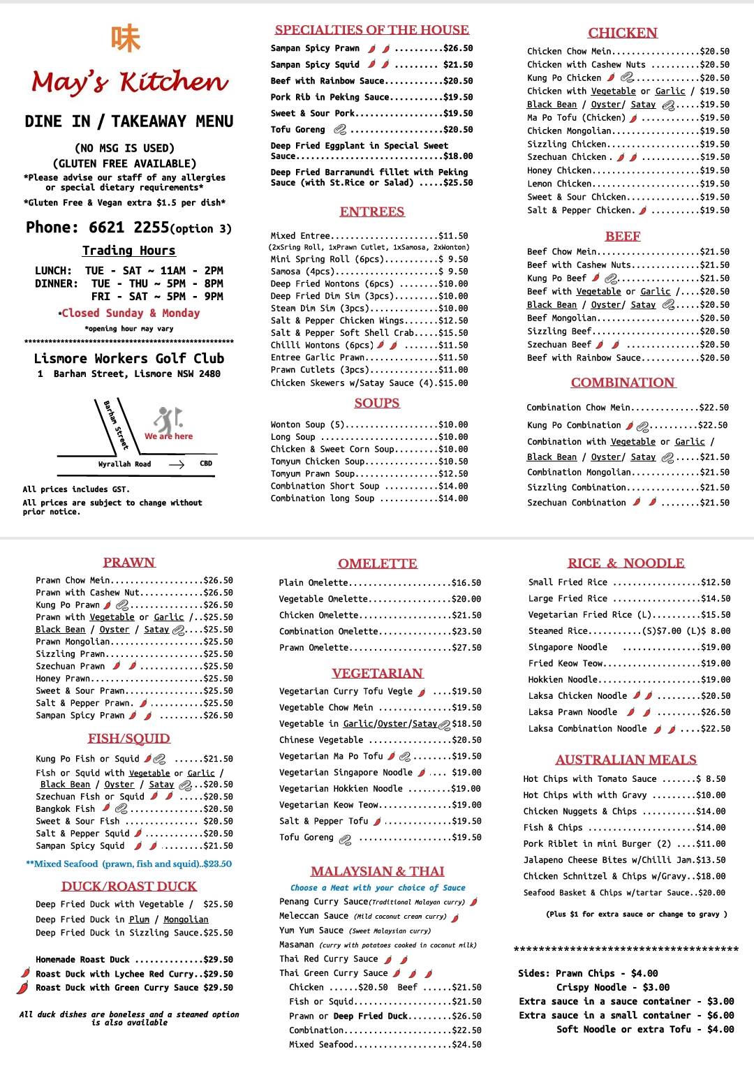 Menu at May's Kitchen restaurant, East Lismore
