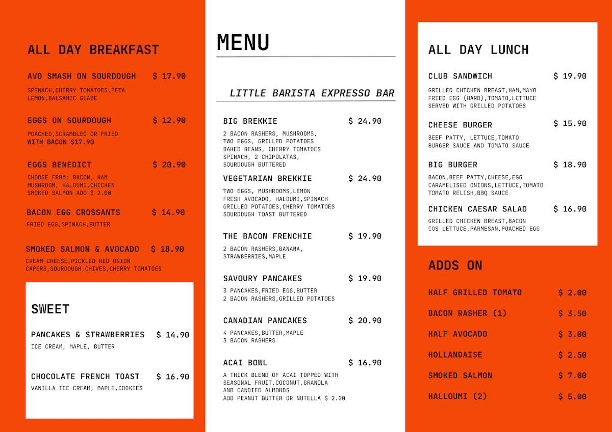 Menu at Little Barista Espresso Bar, Labrador, 3/39 Musgrave Ave