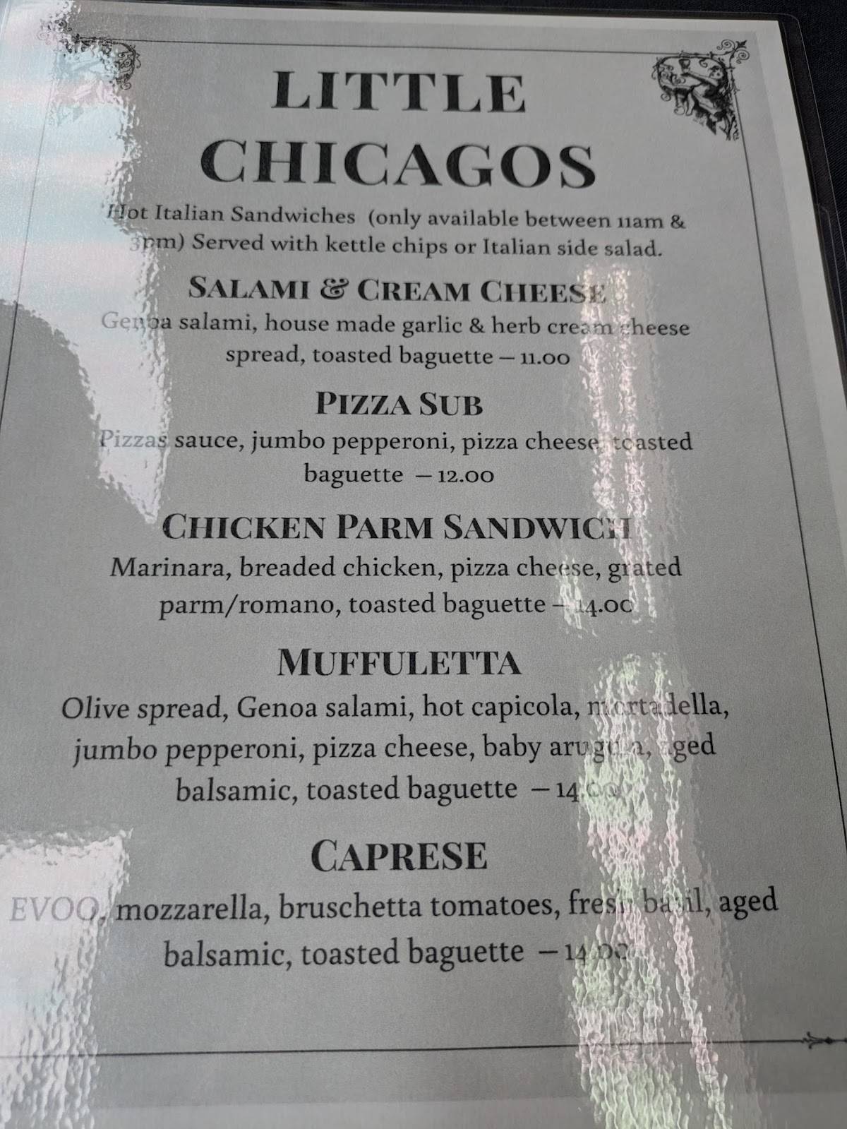 Menu at Little Chicagos restaurant, Muncie