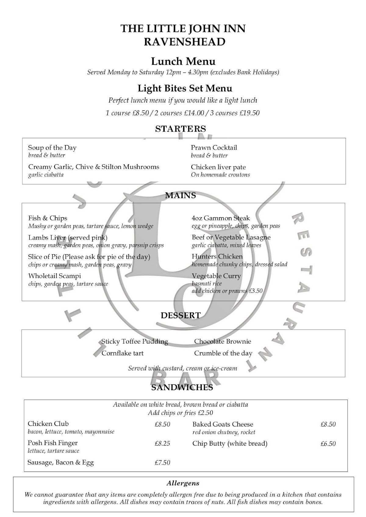 Menu at Little John Inn pub & bar, Ravenshead
